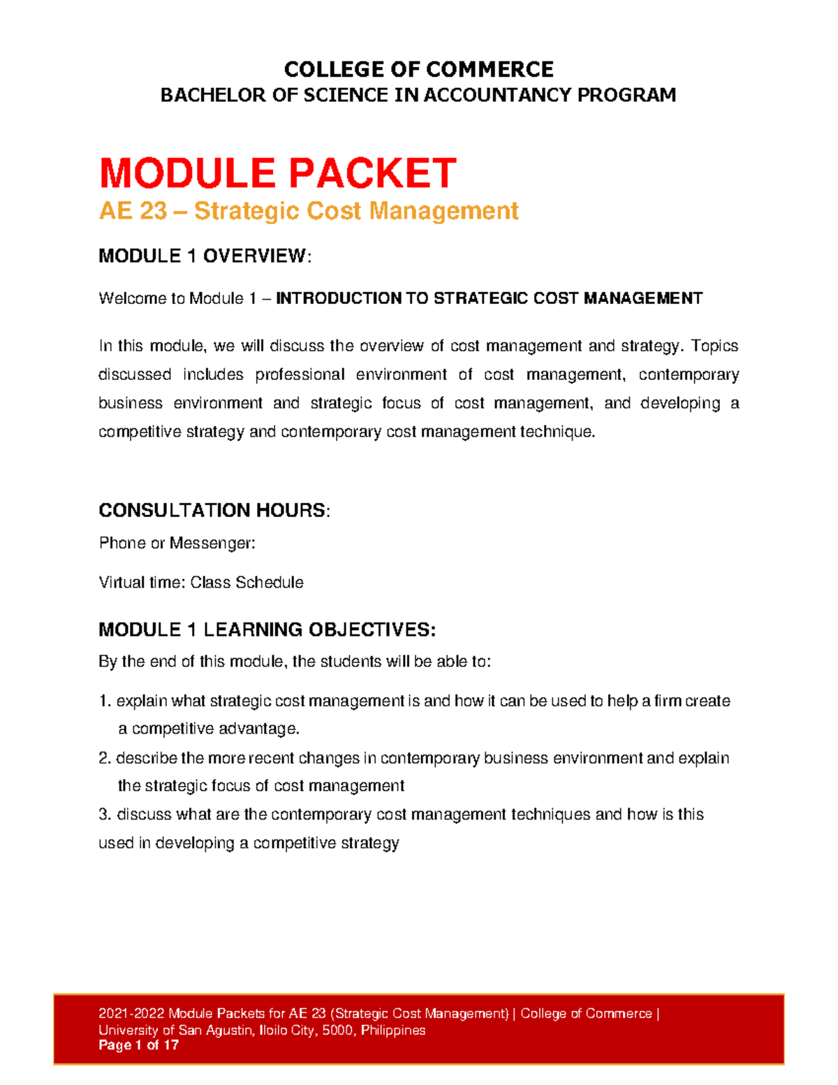 Module 1 Intro to Strategic Cost Management - BACHELOR OF SCIENCE IN ...