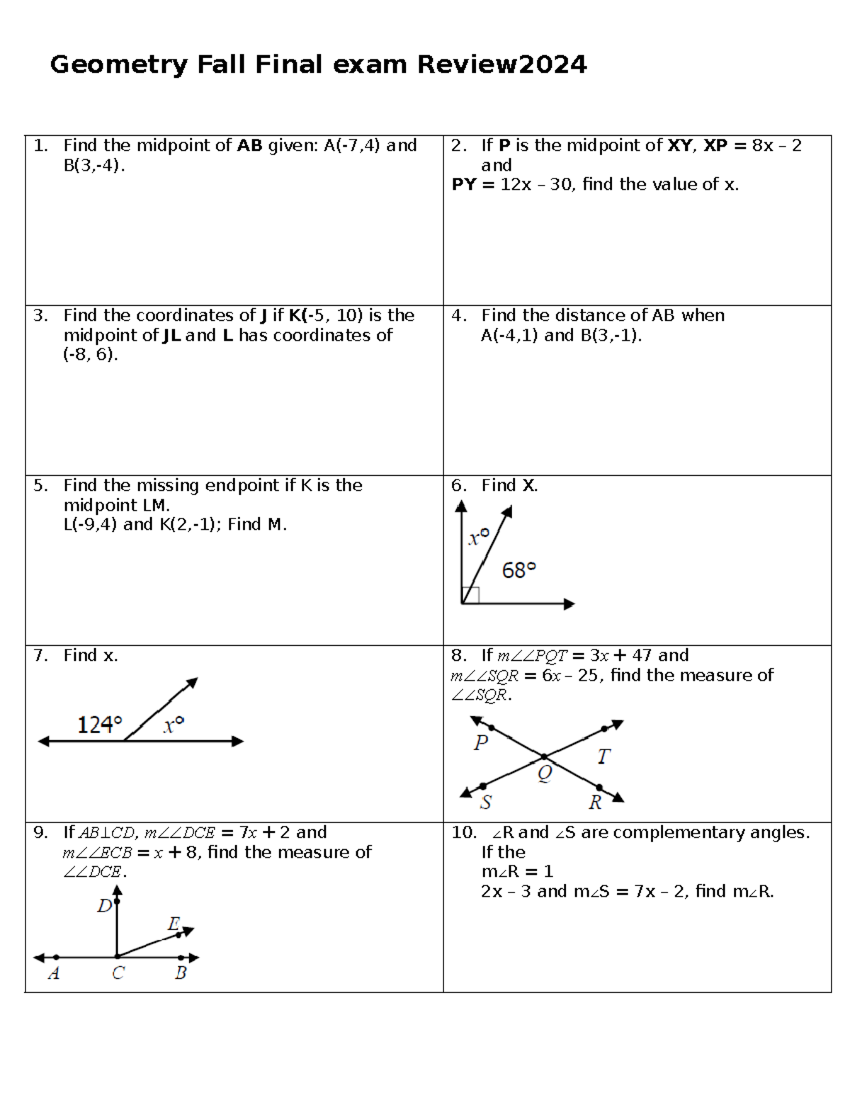 Fall final exam review 2024 - Geometry Fall Final exam Review 1. Find ...