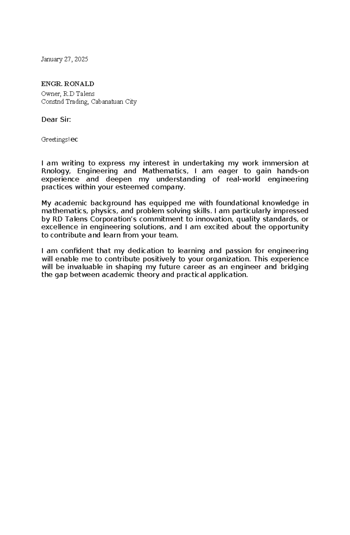 Work Immersion Application Letter - ENGR 2025 - Studocu