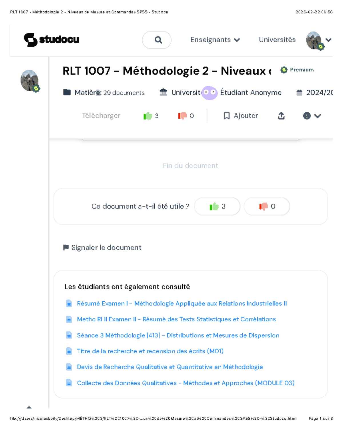 RLT 1007 Méthodologie 2 : Niveaux de Mesure et Commandes SPSS - Studocu