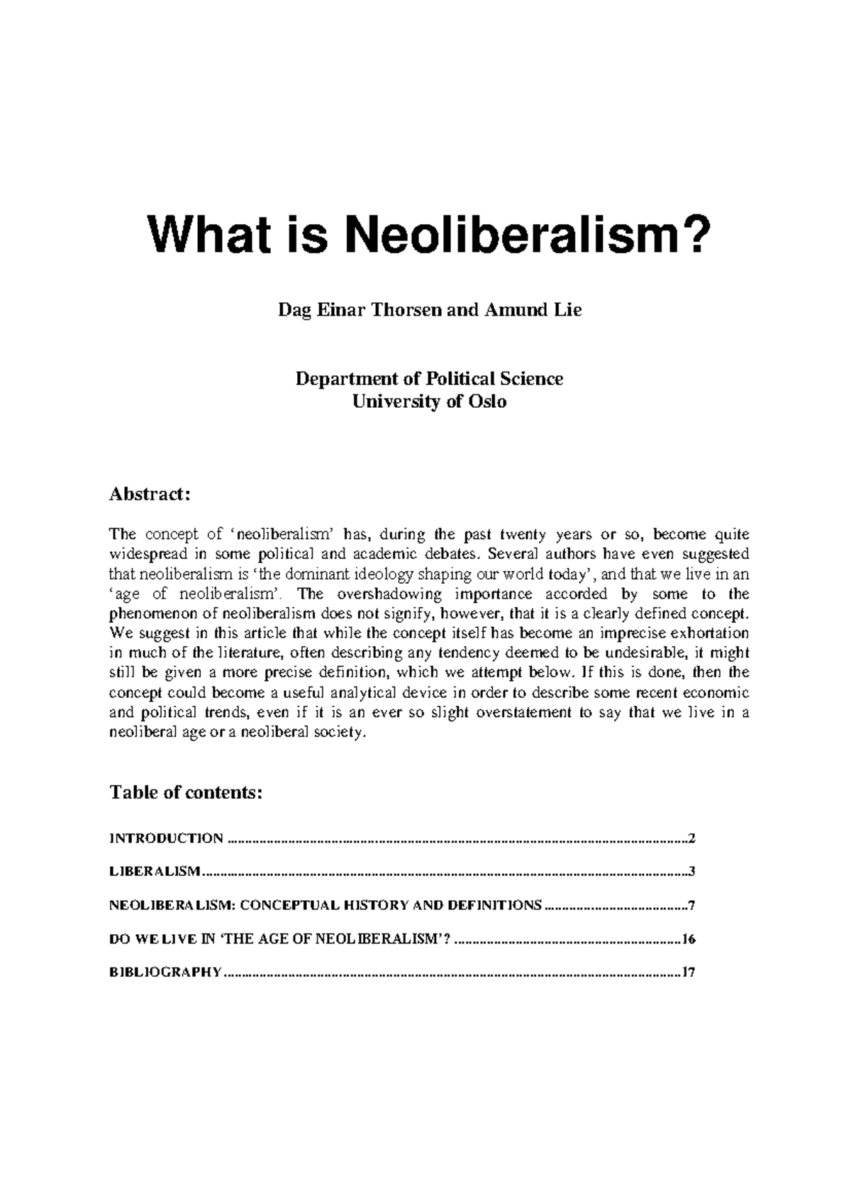 Understanding Neoliberalism: A Critical Analysis - POLS 101 - Studocu