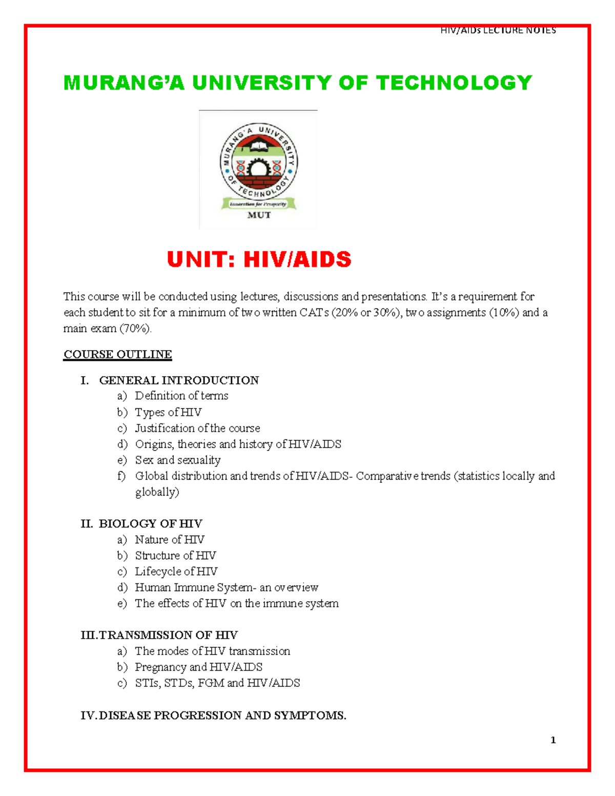 HIV/AIDS Course Notes (UNIT: HIV/AIDS) - Comprehensive Outline and ...