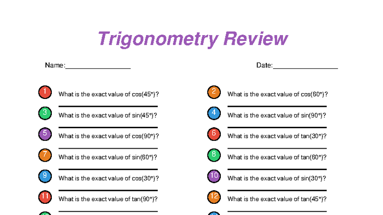 Trigonometry Review 1 - Exact Values and Problem Solutions - Studocu