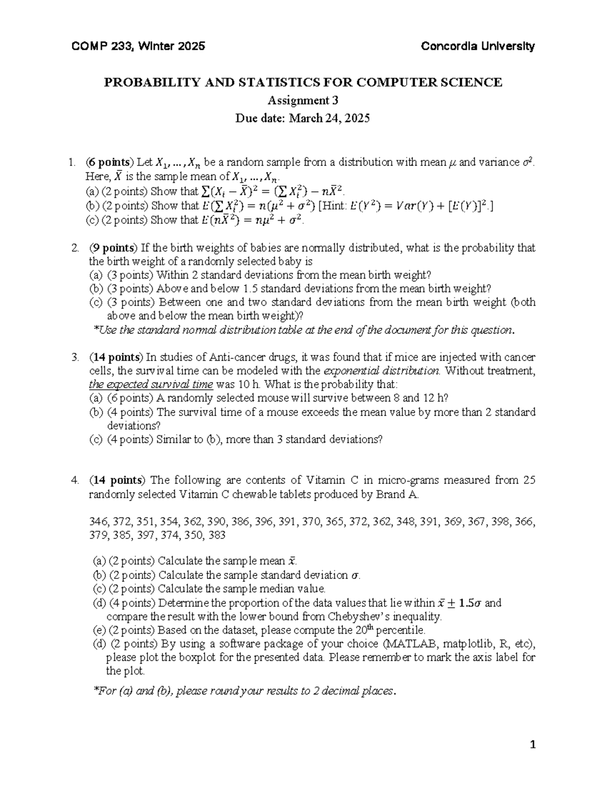 COMP 233 Assignment 3: Probability & Statistics Analysis (Winter 2025) - Studocu