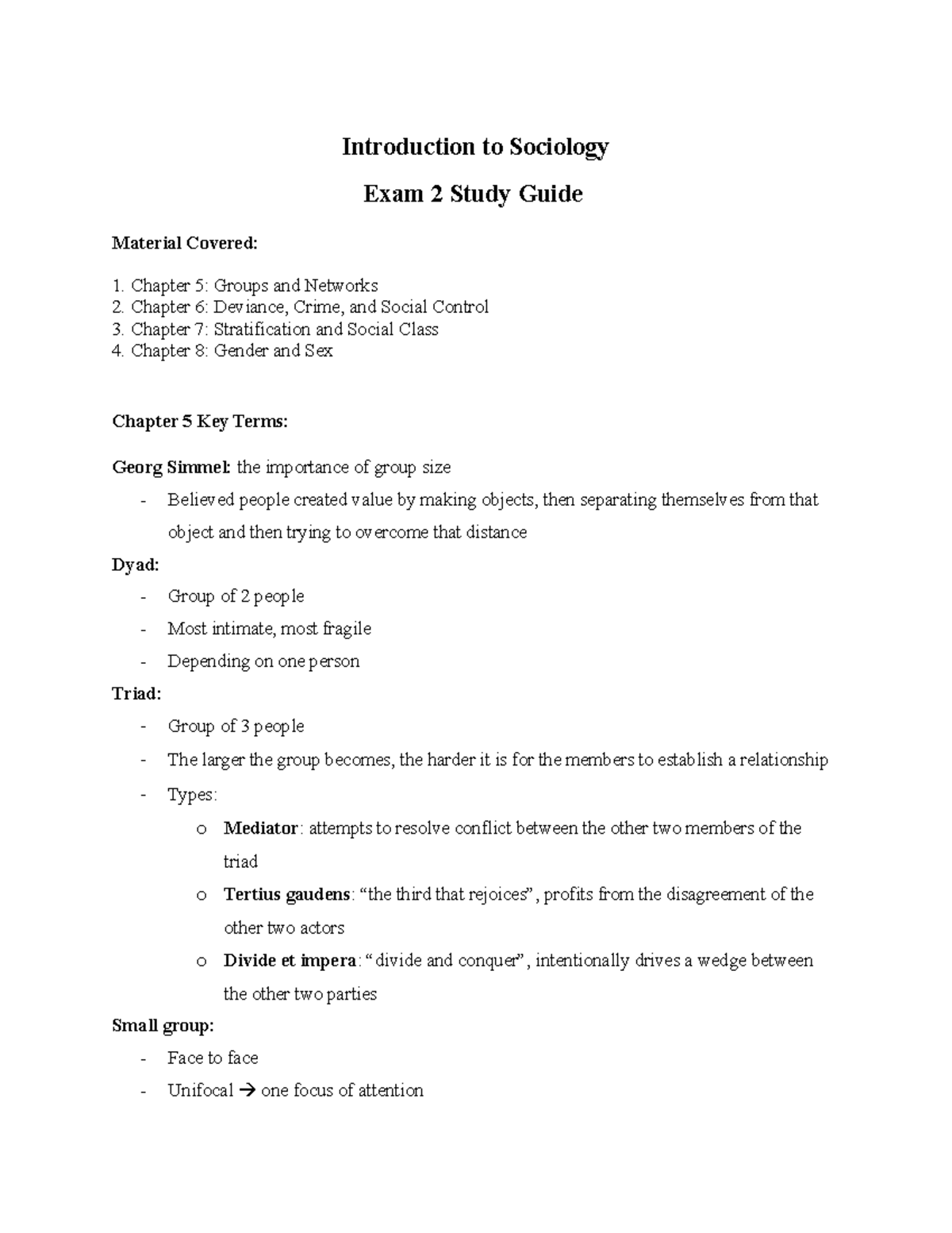 Study Guide - Exam 2 - Introduction to Sociology Exam 2 Study Guide ...