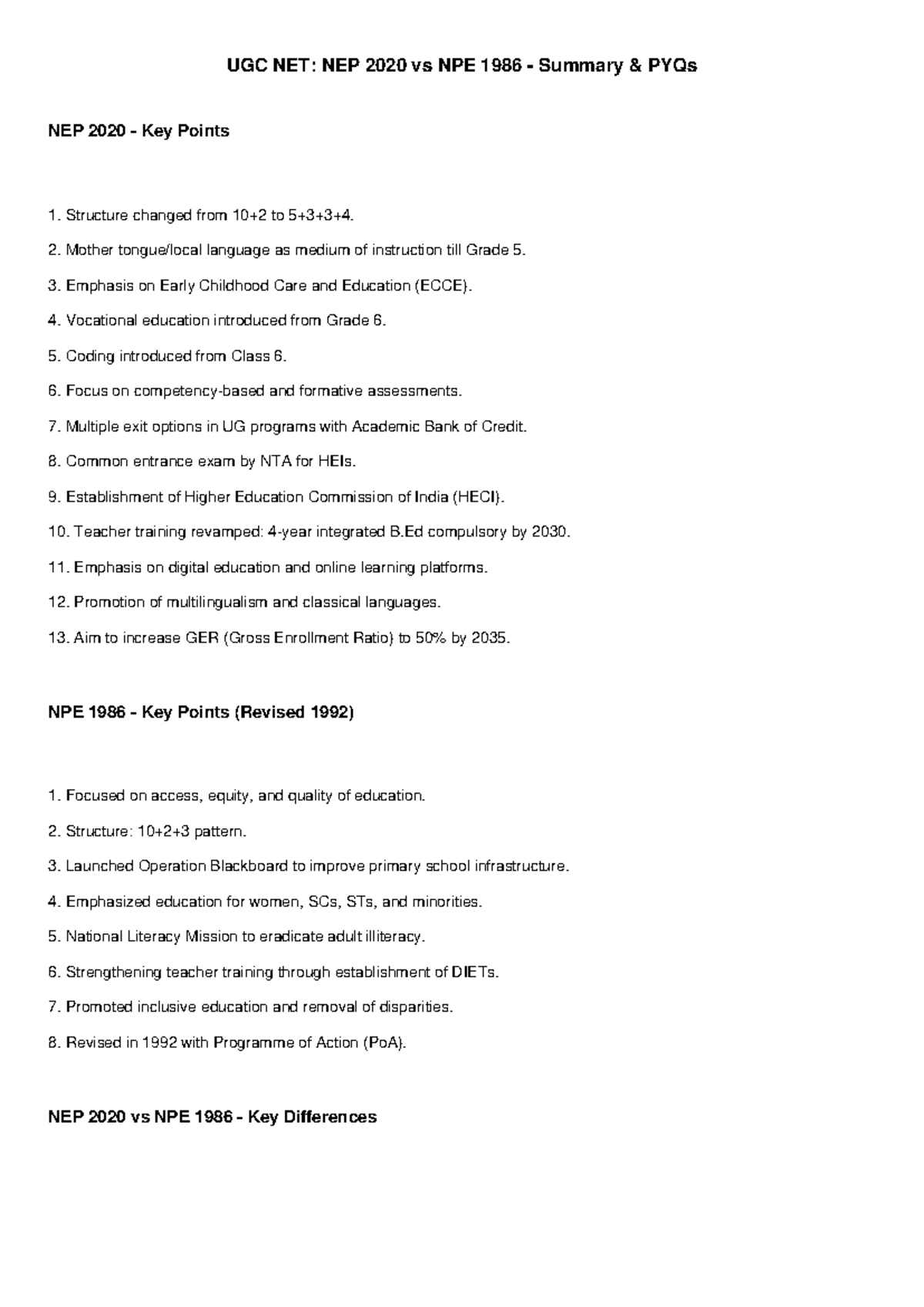 UGC NET: NEP 2020 vs NPE 1986 Summary & Key Differences - Studocu