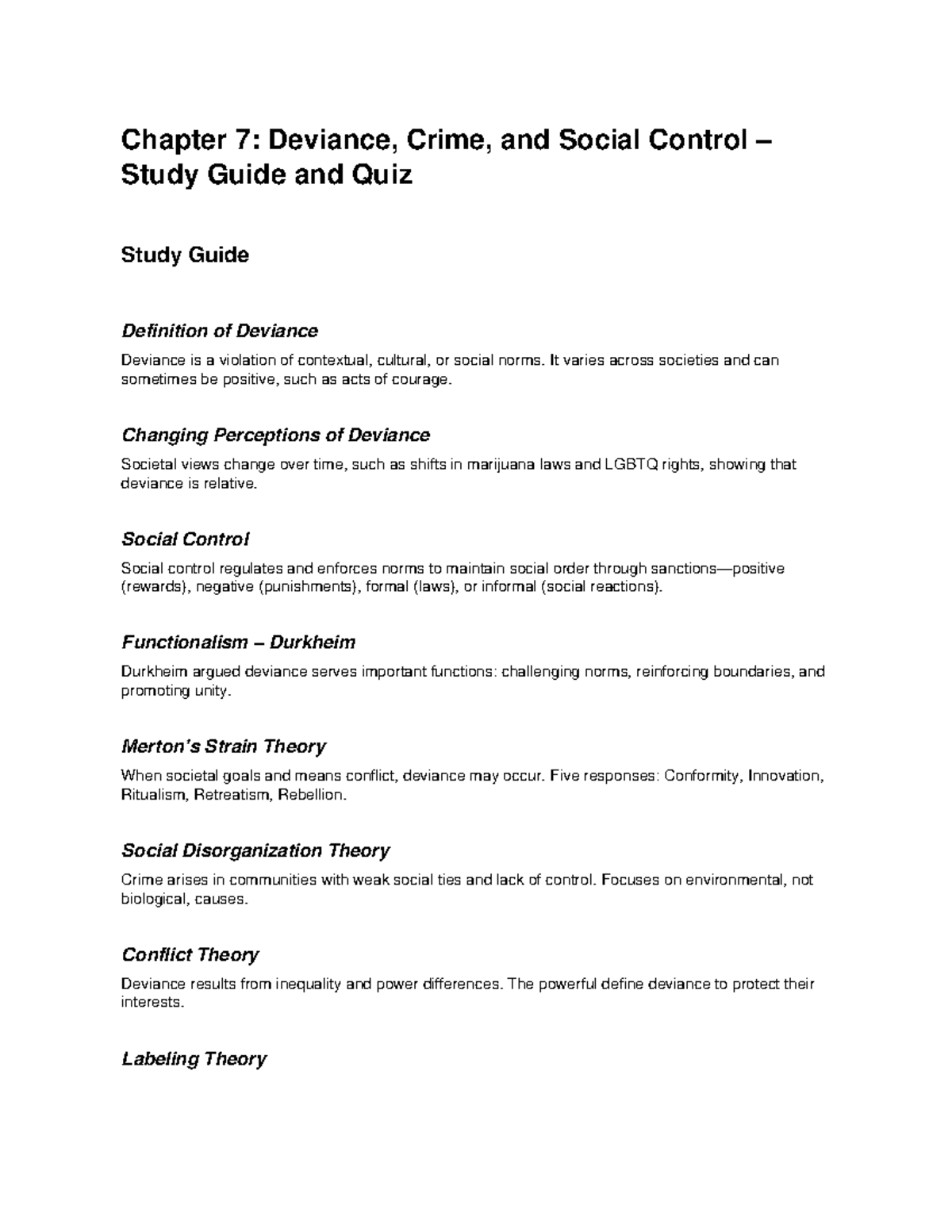 Chapter 7: Deviance, Crime, and Social Control - Study Guide & Quiz ...