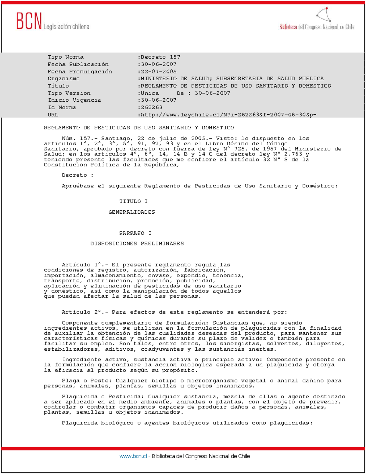 Ddno 157 reglamento de pesticidas de uso sanitario y domestico - Tipo ...