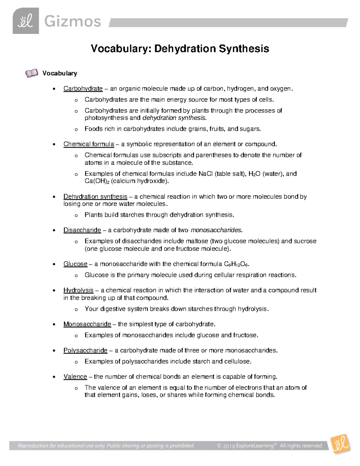 Dehydration Synthesis Vocab - 2019 Vocabulary: Dehydration Synthesis ...