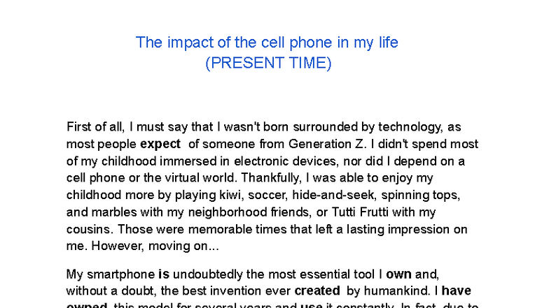 The Impact of Cell Phones on My Life (PRESENT TIME) Portafolio - Studocu