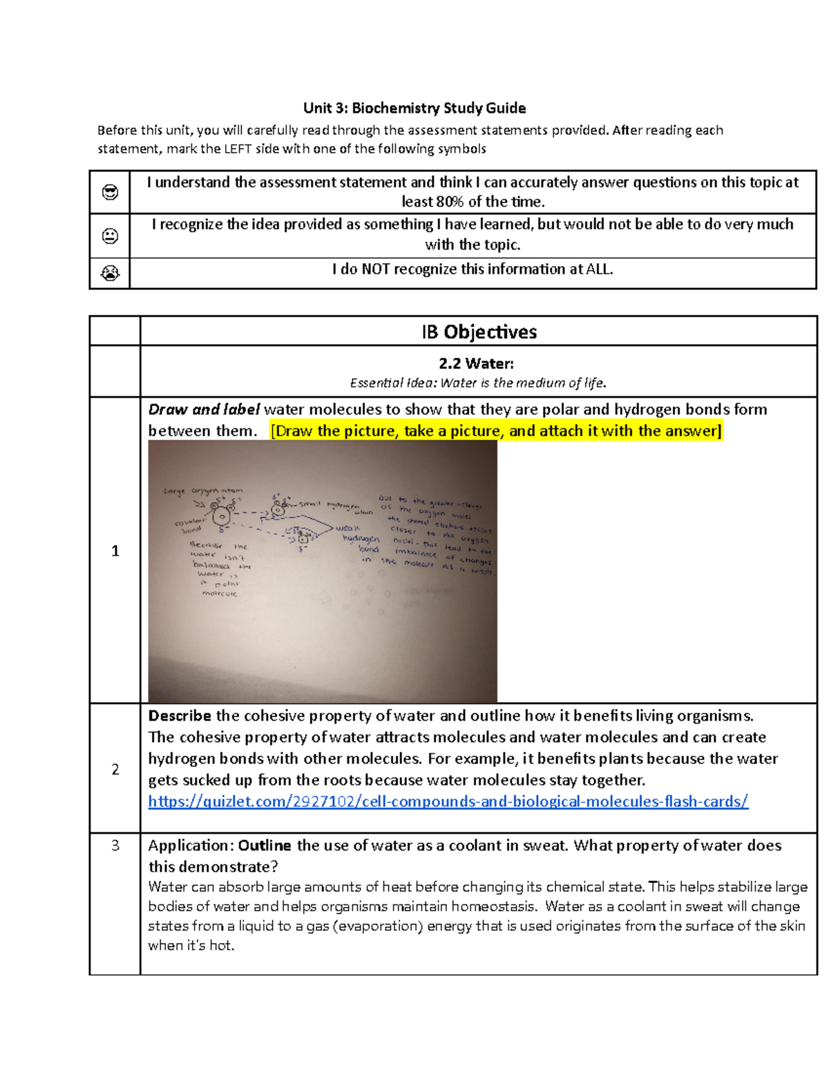 Unit 3 Biochemistry Study Guide for IB Biology (SL) - Studocu
