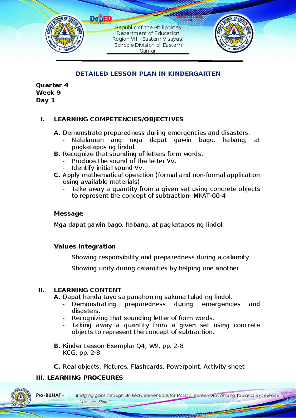 Final Demo Lesson Plan in Kindergarten Q4 W9: Emergency Preparedness ...