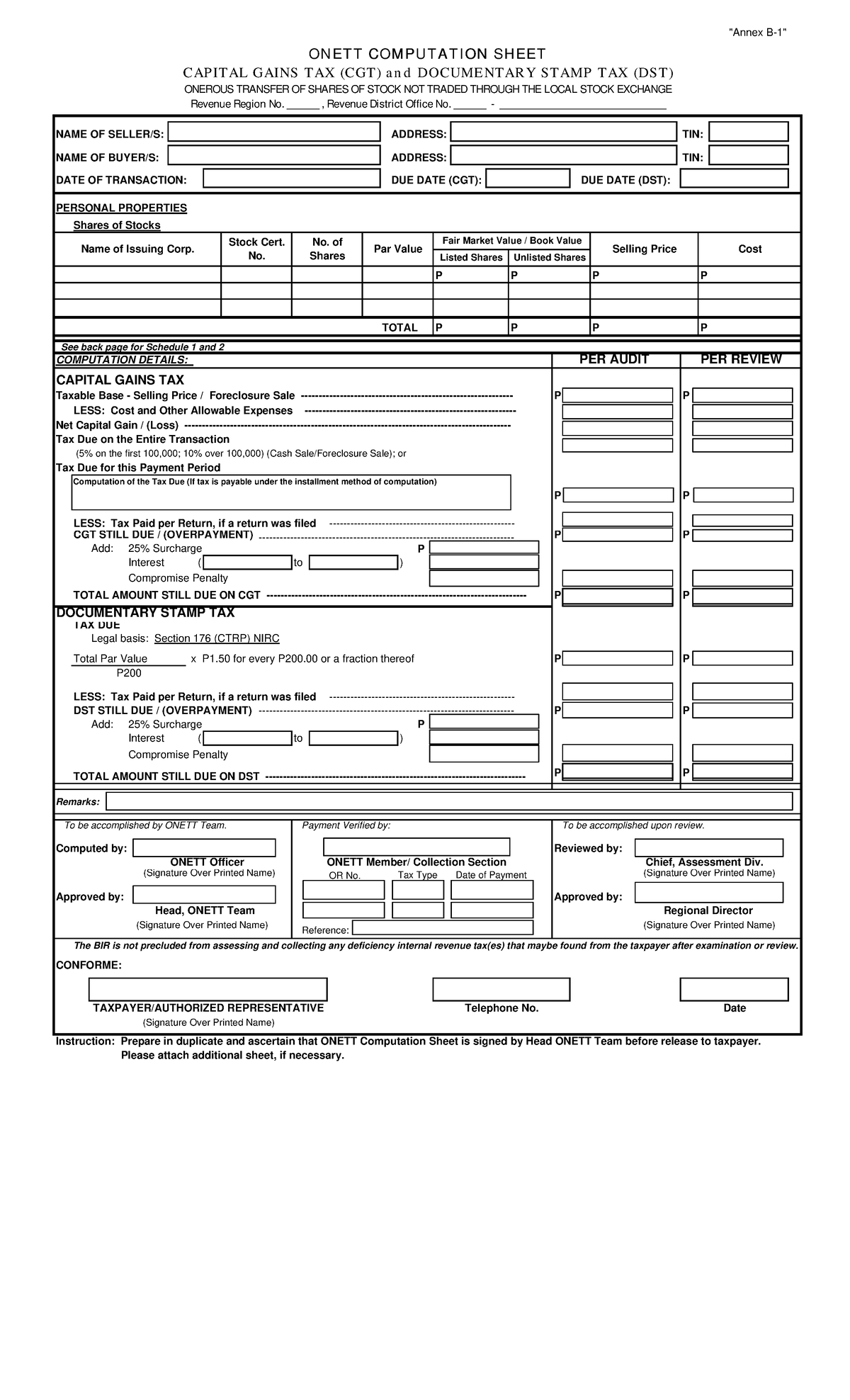 RMO15 03ANXB1 - ONETT Computation Sheet for Capital Gains Tax (CGT ...