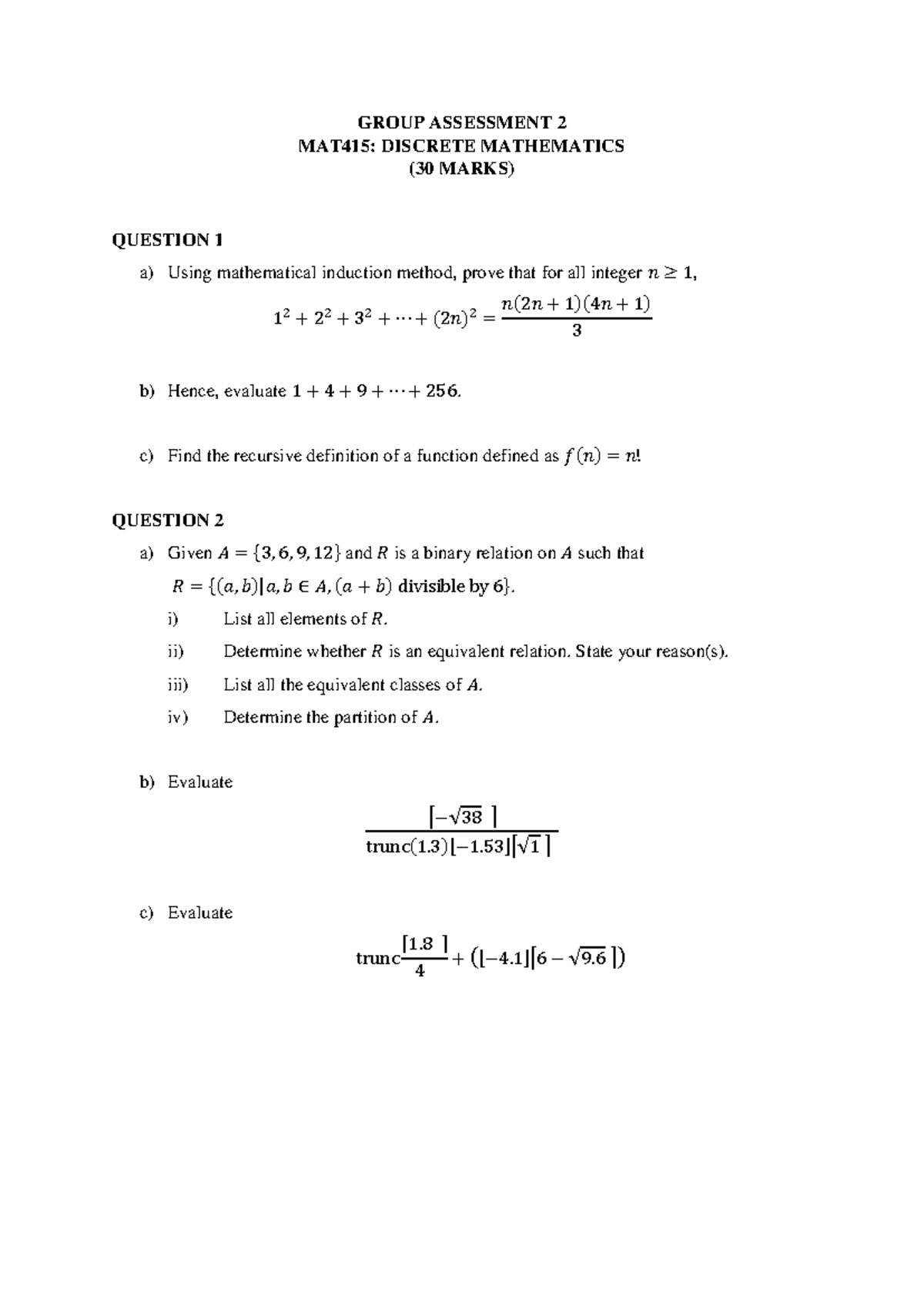 Group Assessment 2 MAT415: Discrete Mathematics Questions and Solutions ...