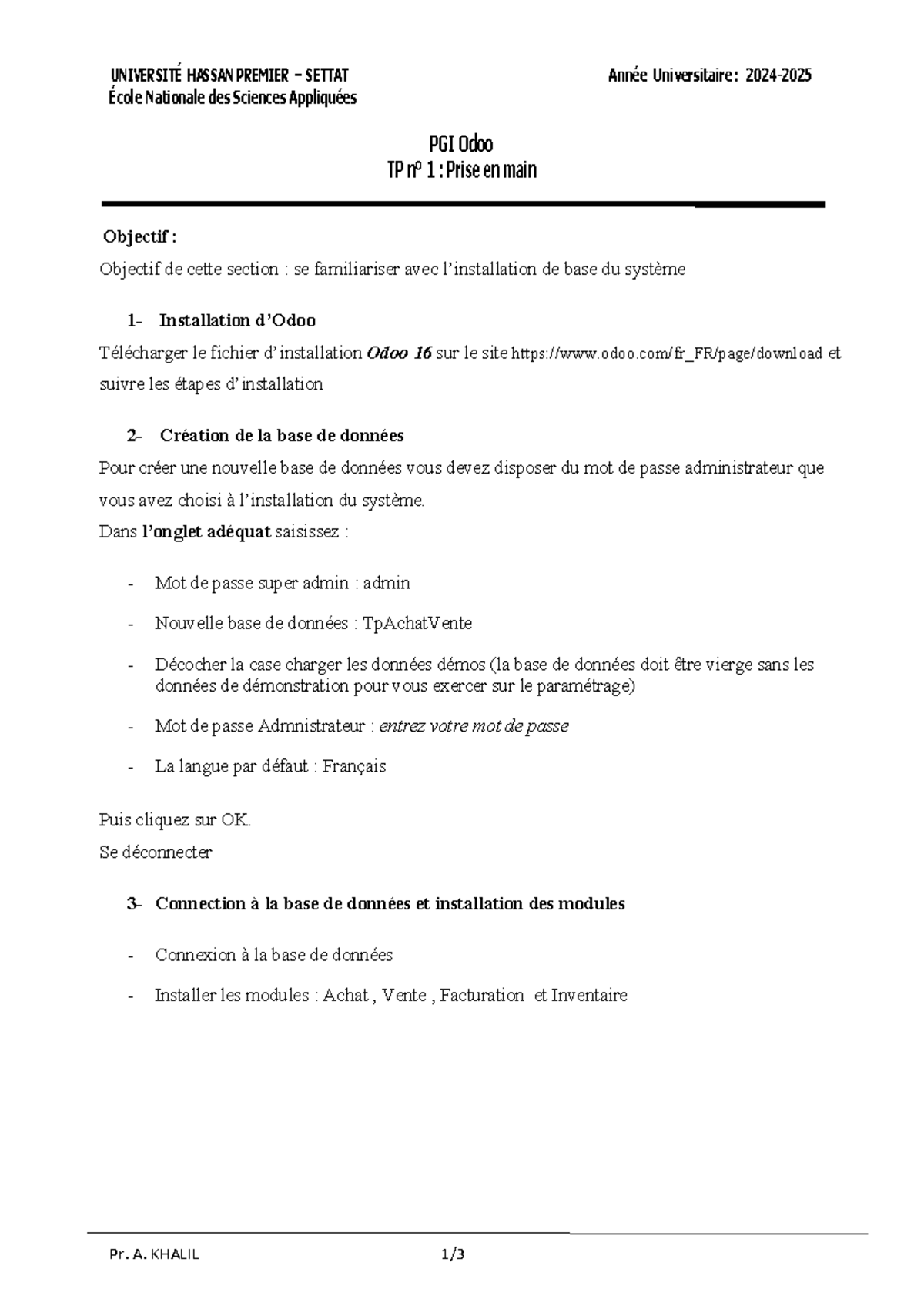 TP1-PGI Odoo: Introduction et Installation de la Base de Données - Studocu