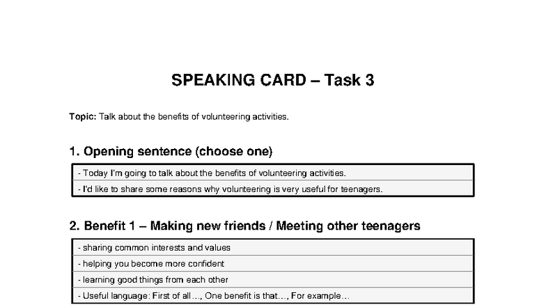SPEAKING CARD Task 3: Benefits of Volunteering Activities - Studocu