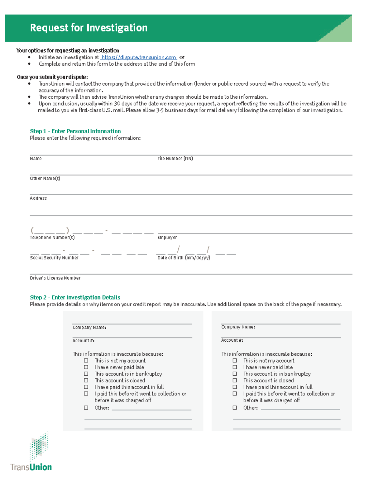 Transunion dispute letter - File Number (FIN) Step 1 - Enter Personal ...