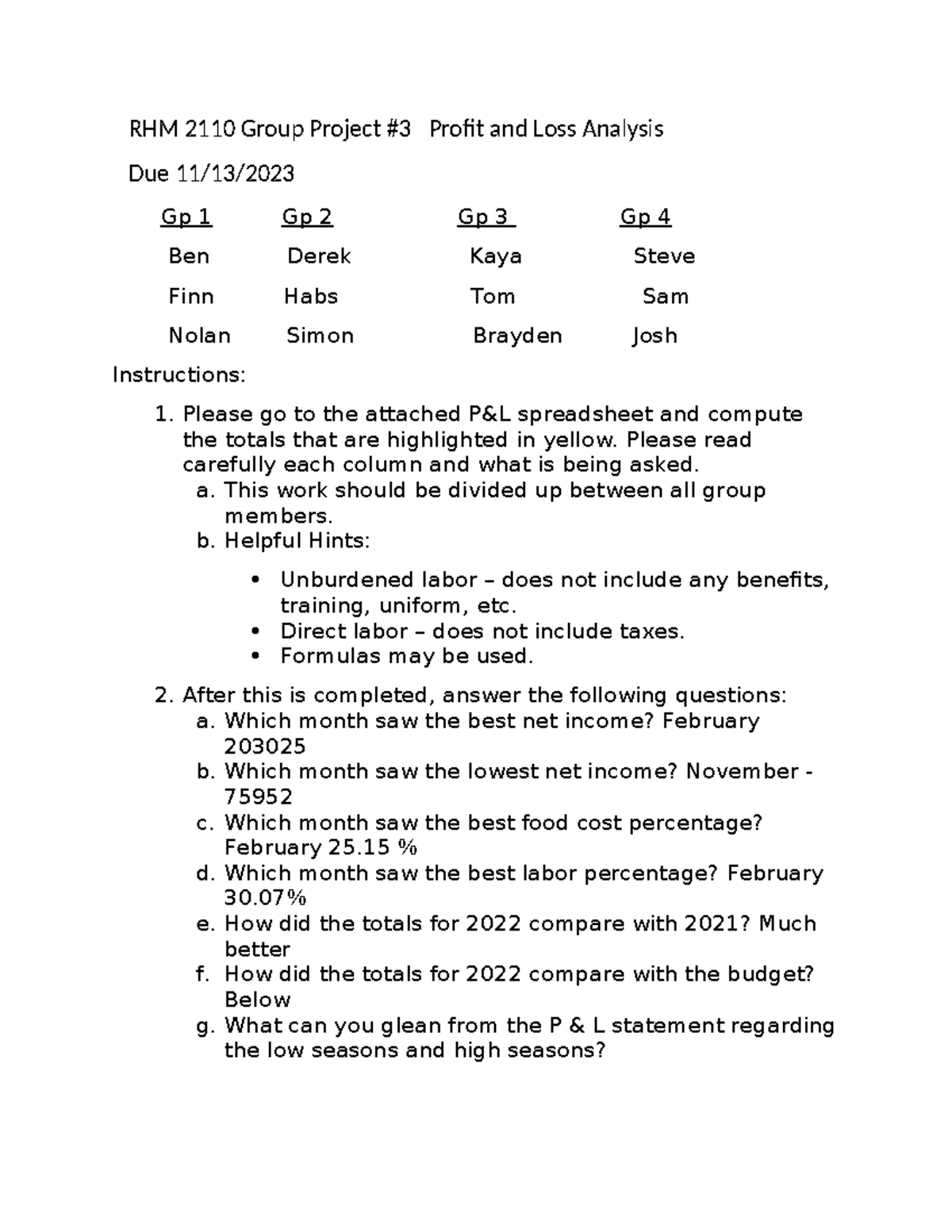 RHM 2110 Group Project: Profit and Loss Analysis Directions & Answers - Studocu