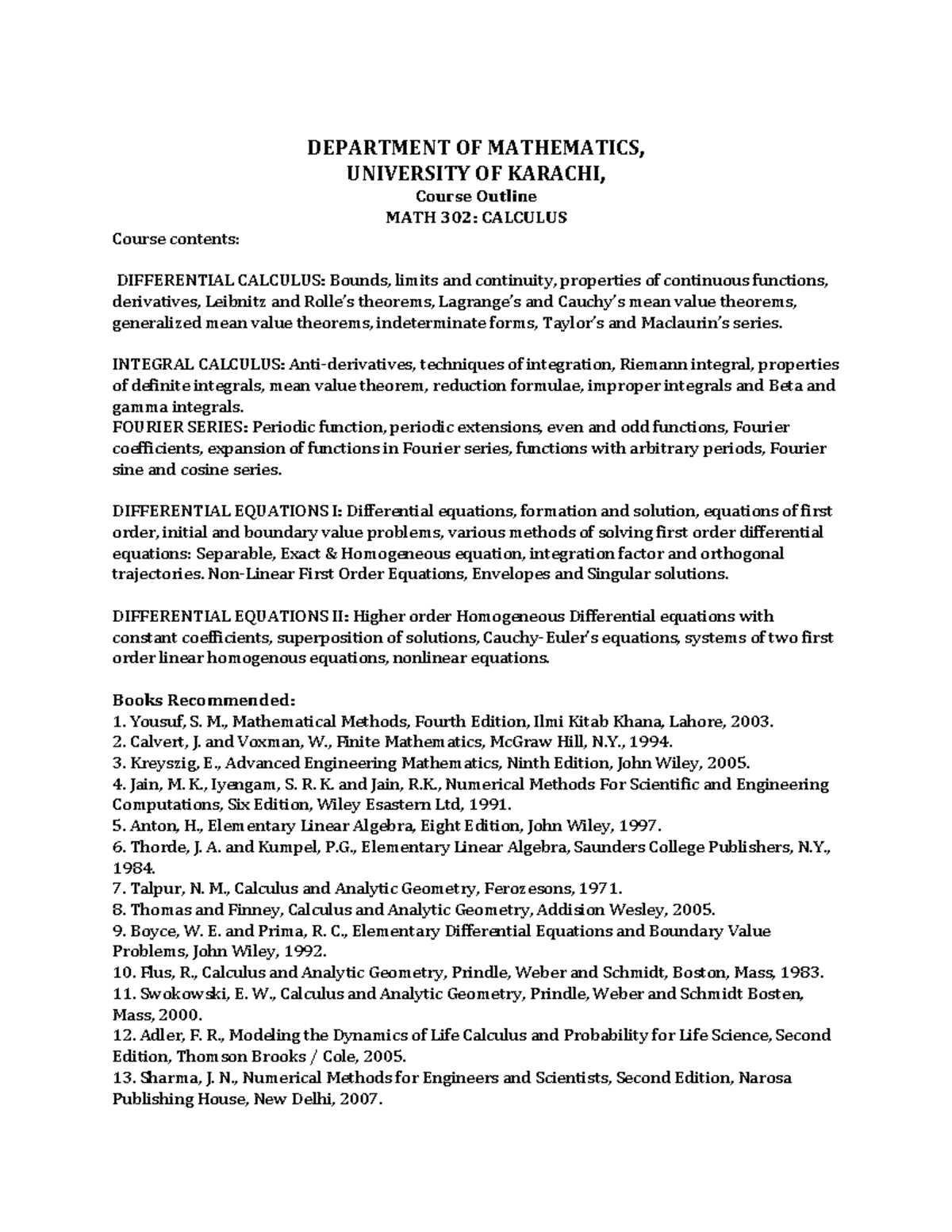 MATH 302: Detailed Course Outline for Calculus and Differential ...