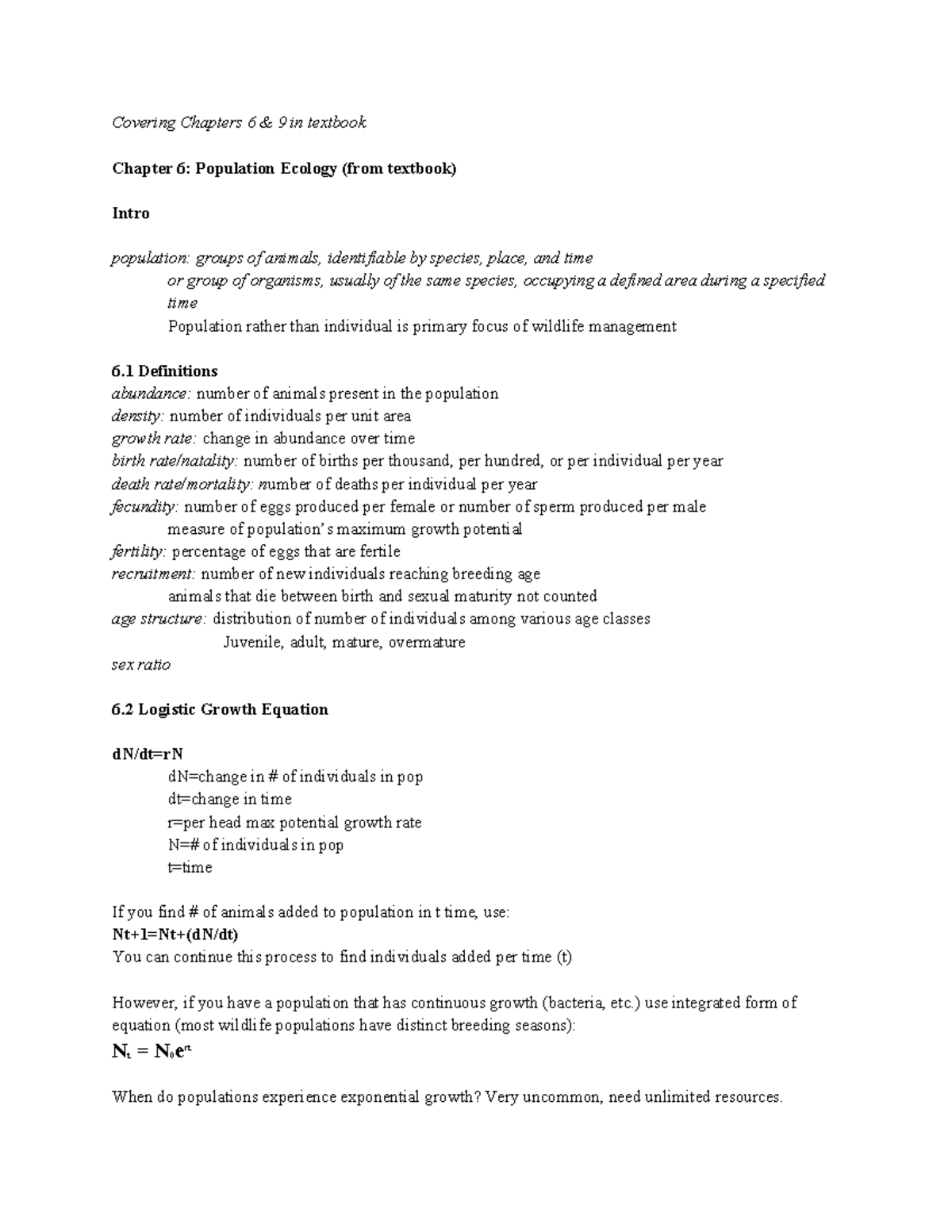 Population Ecology & Wildlife Management: Chapters 6 & 9 Overview - Studocu