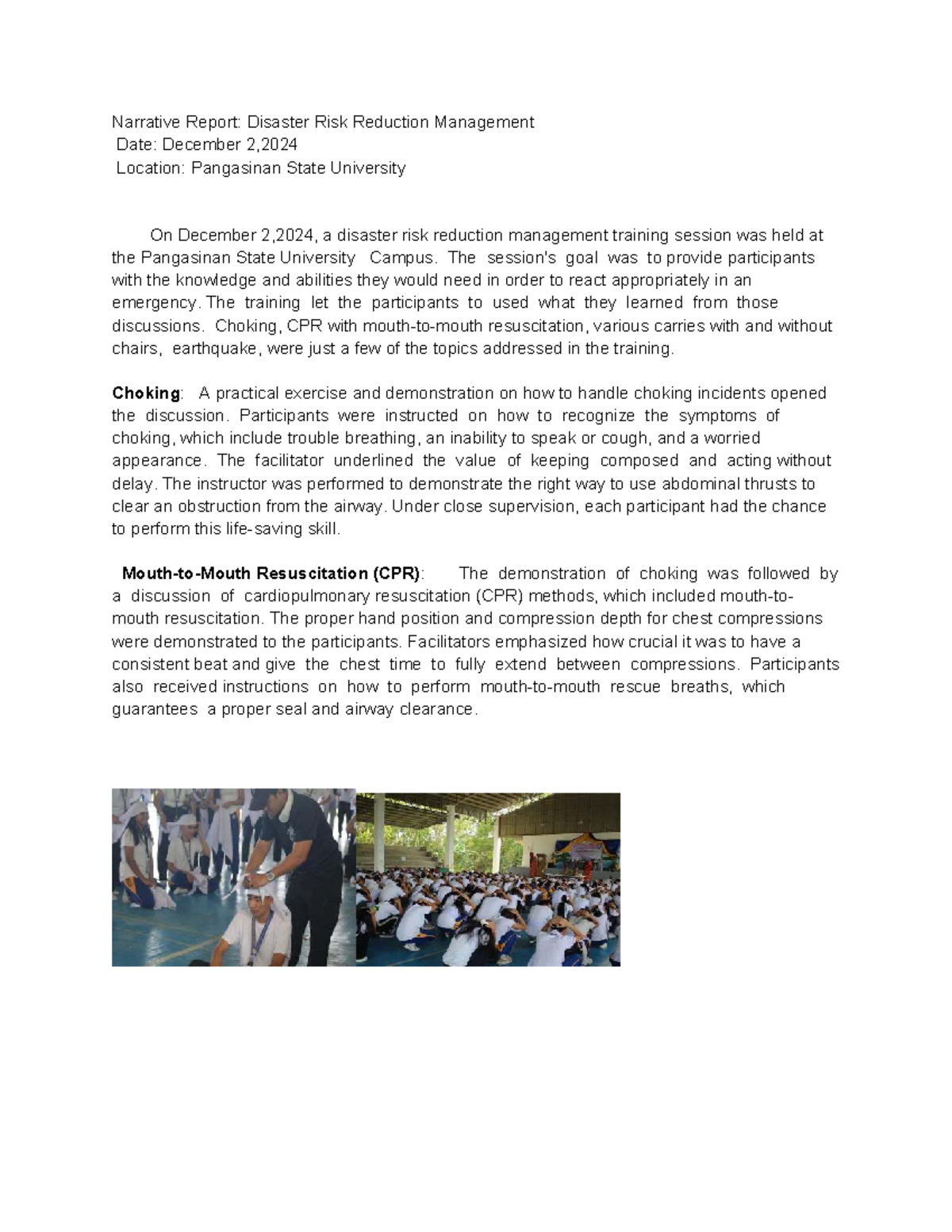 Narrative Report Disaster Risk Reduction Management - The session's ...