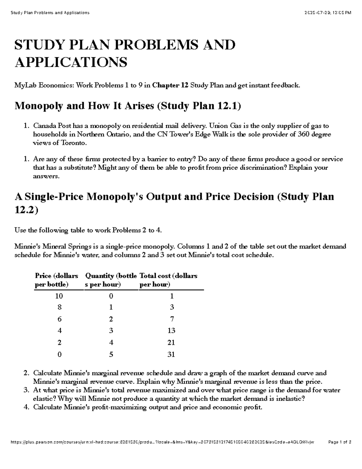 Chapter 12 Study Plan: Monopoly Problems & Applications - Studocu