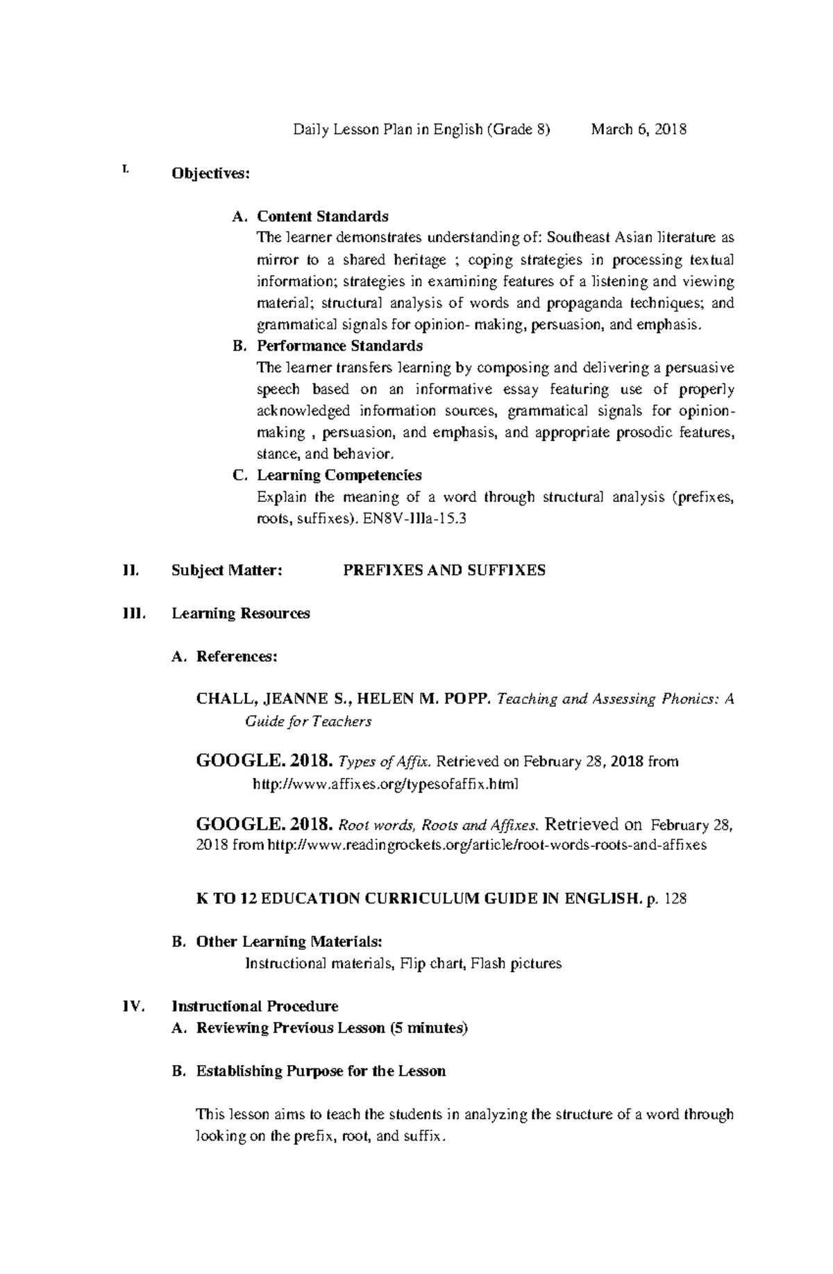 Grade 8 English Daily Lesson Plan: Understanding Prefixes & Suffixes ...