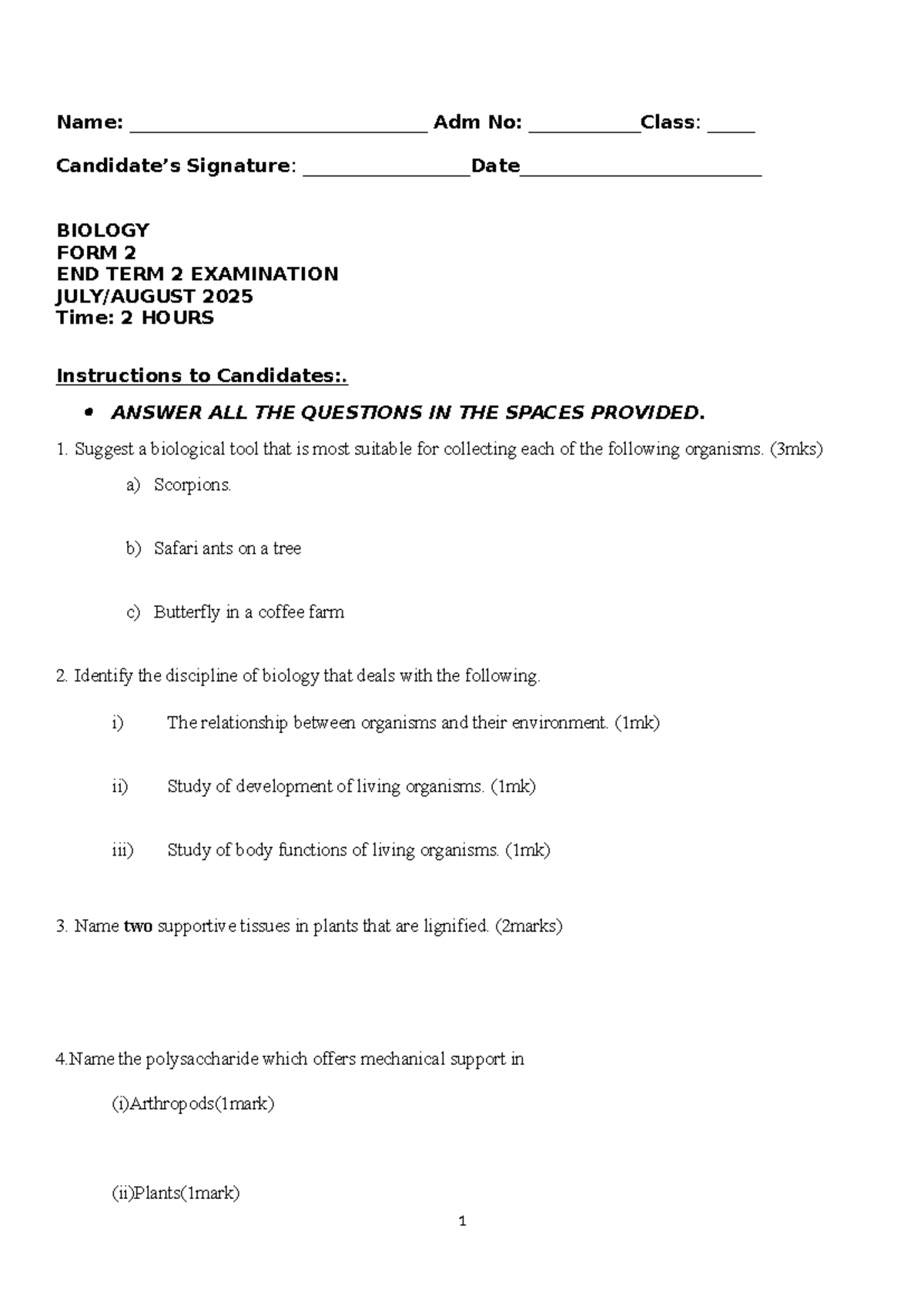 F2 Biology End Term 2 Exam Questions 2025 - Studocu