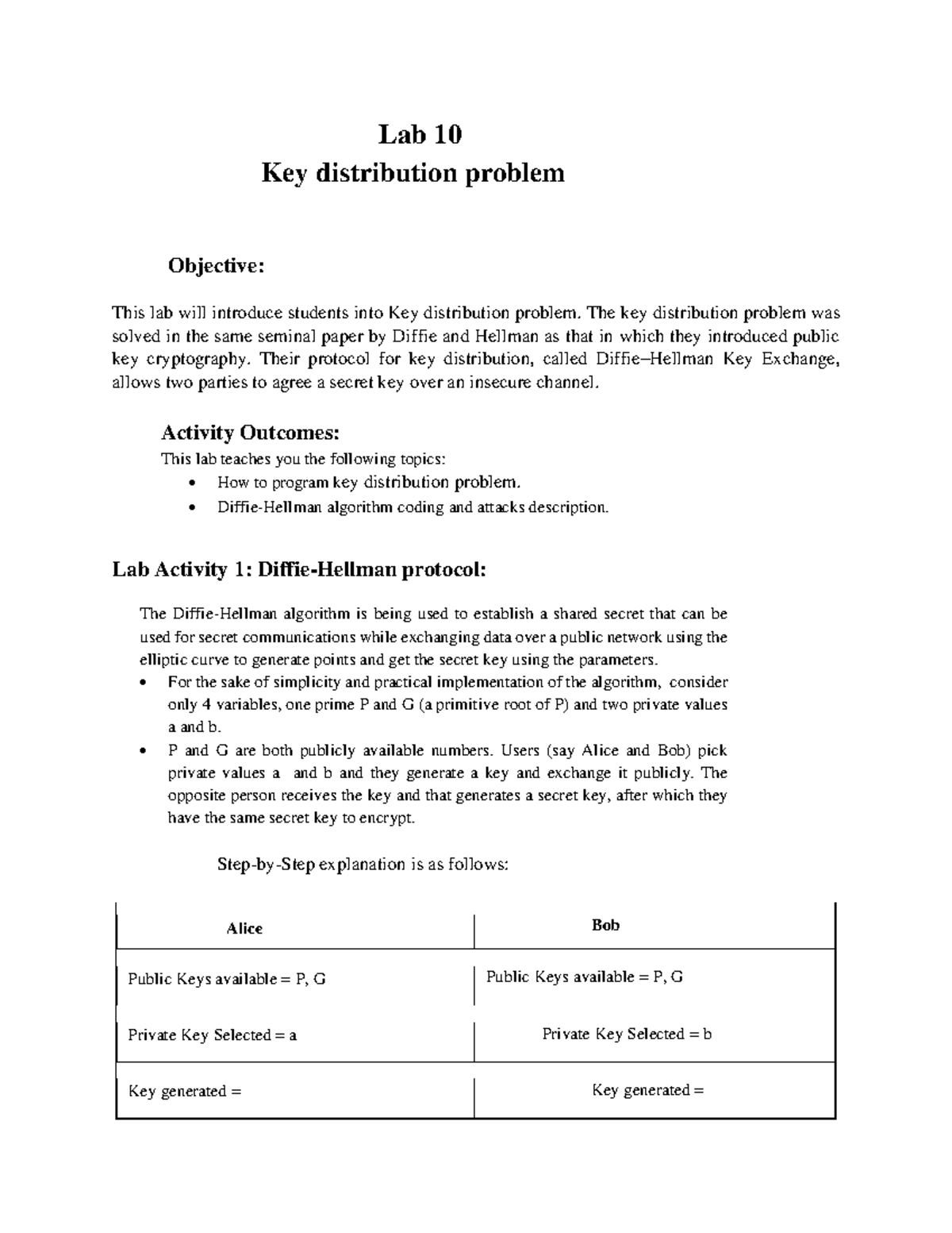 Lab 10 - lab 10 - Lab 10 Key distribution problem Objective: This lab ...