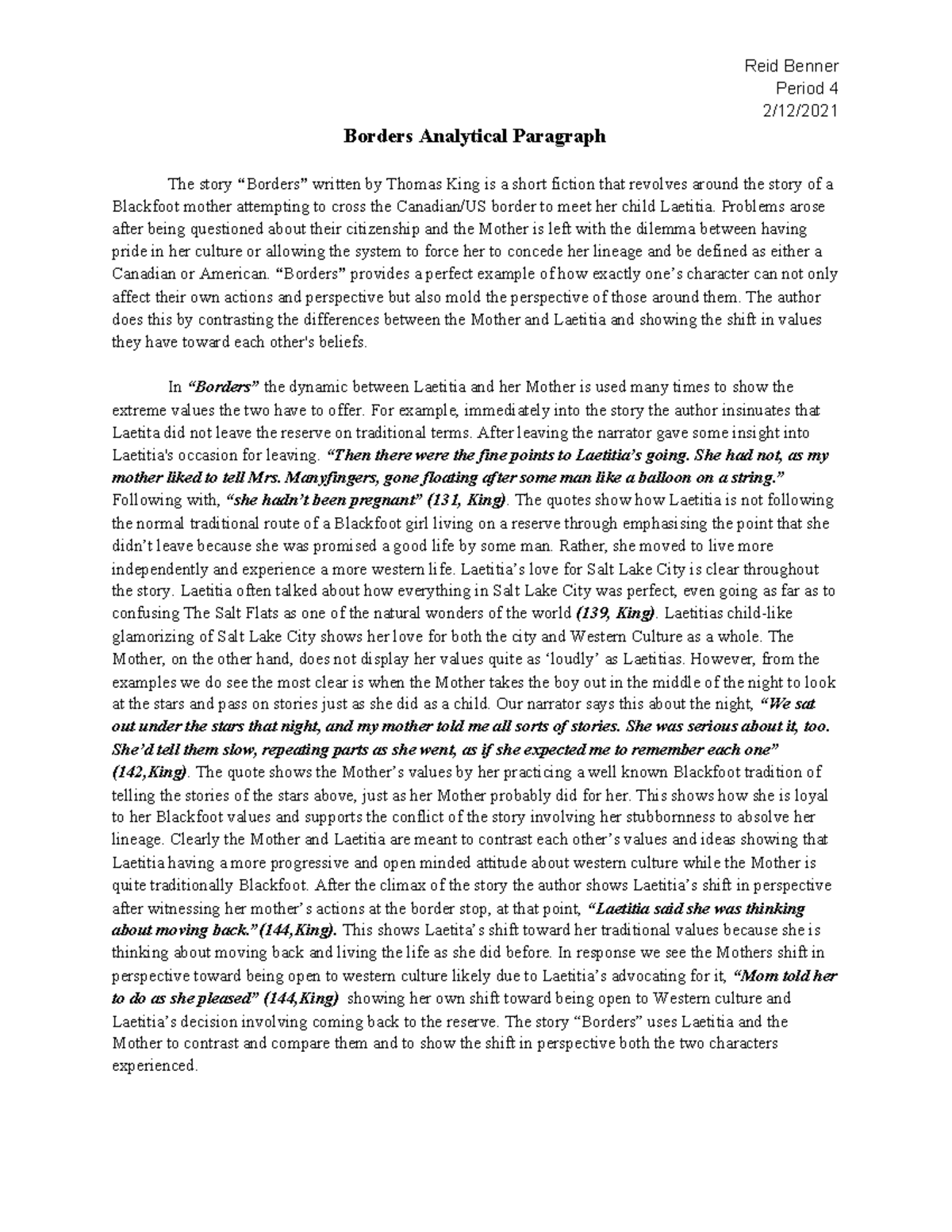 Borders by Thomas King ll Analytical paper ll Essay CRT - Reid Benner ...