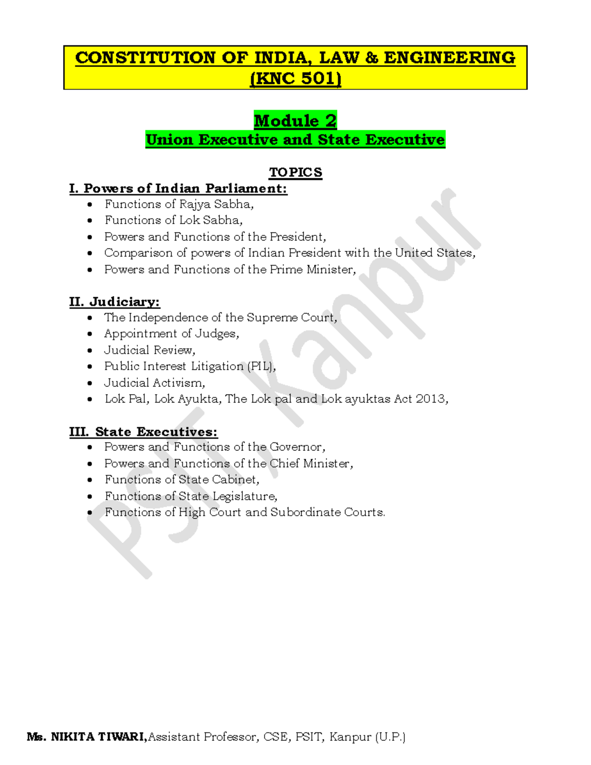 KNC 501 Module 2: Powers of Union & State Executives in India - Studocu