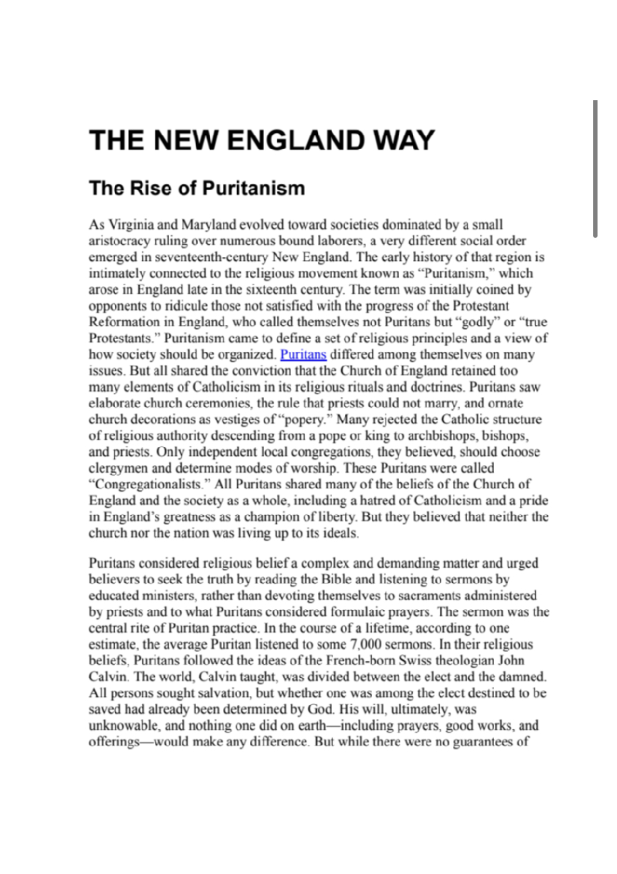 Final Exam Review Guide for Course Code XYZ123: The Rise of Puritanism ...