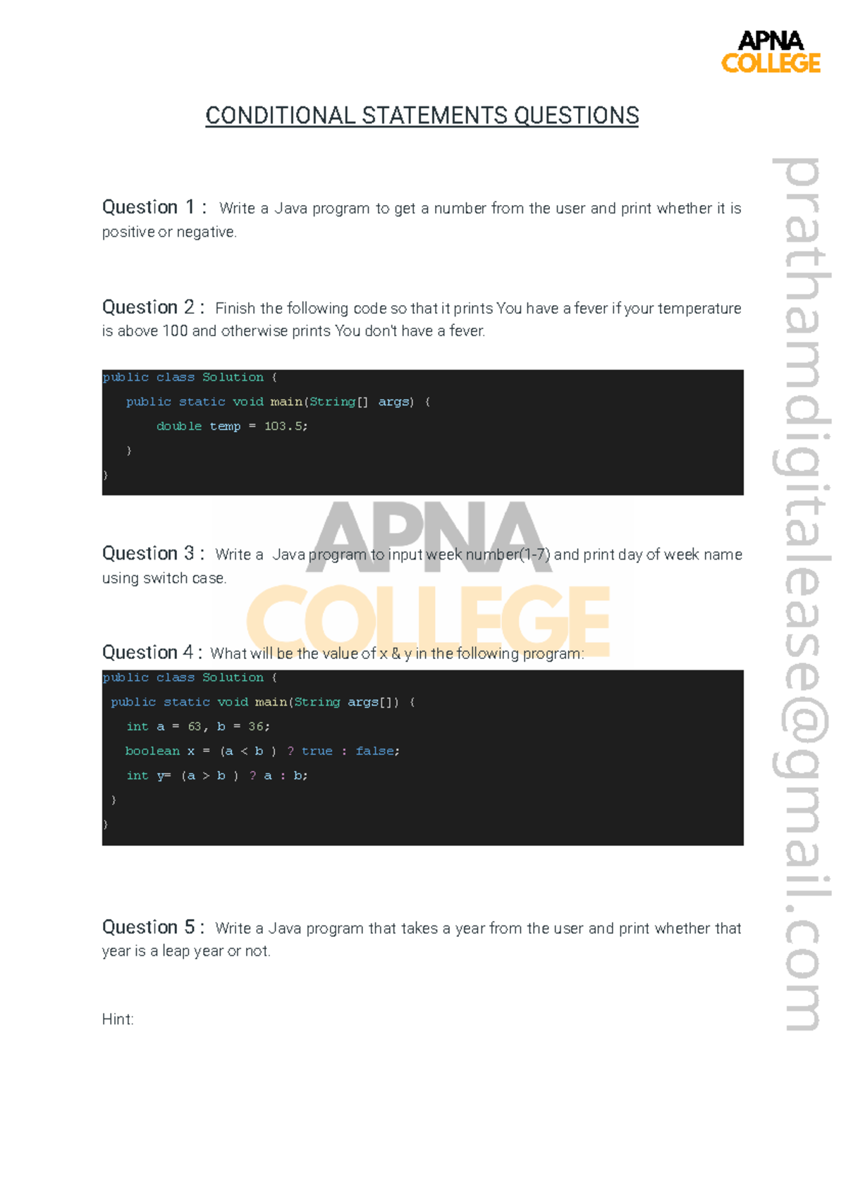 Java Conditional Statements Questions (CS101) - Studocu