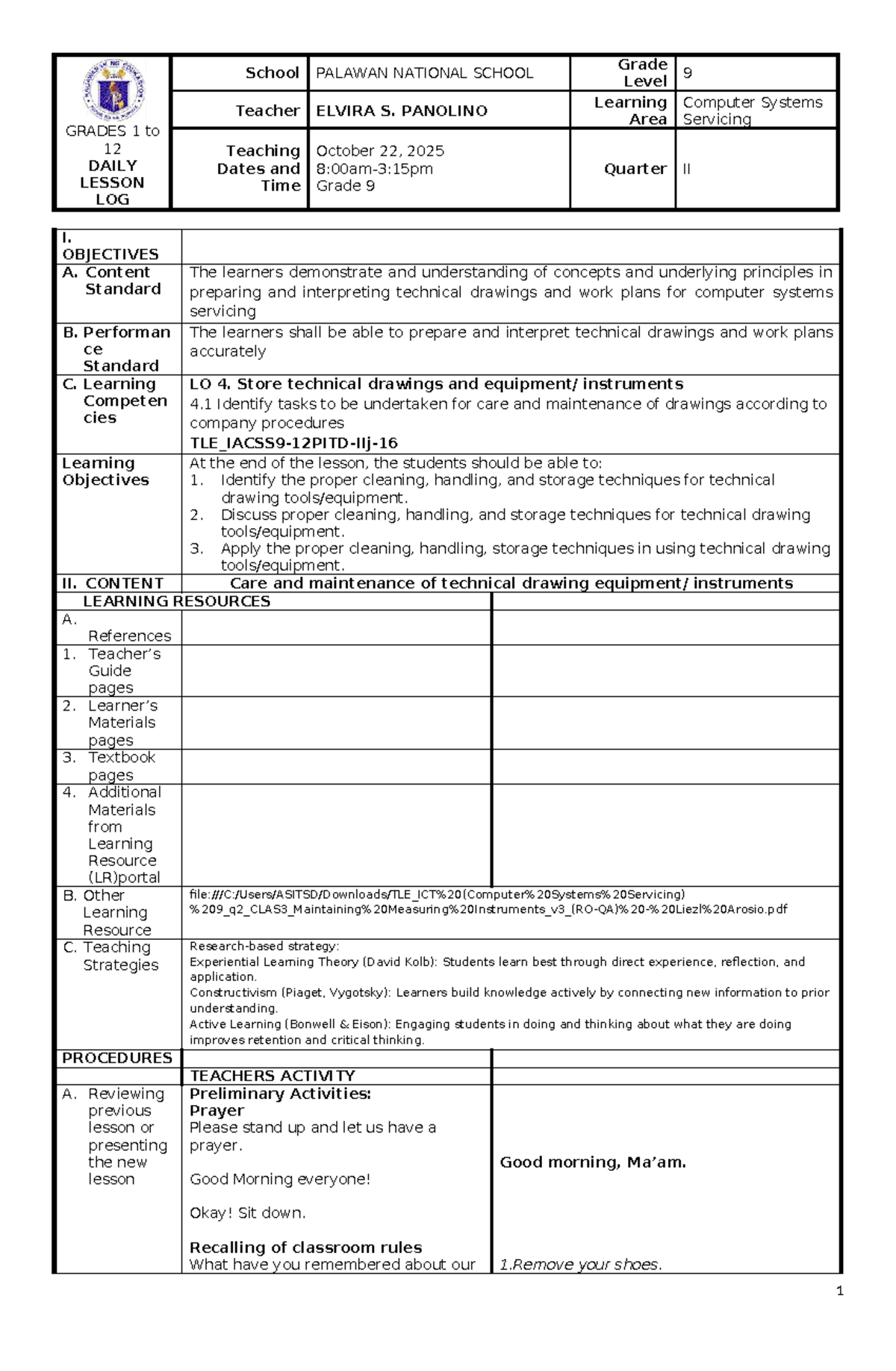 CO1 FOR Reclass - Grade 9 Computer Systems Servicing Daily Lesson Log ...