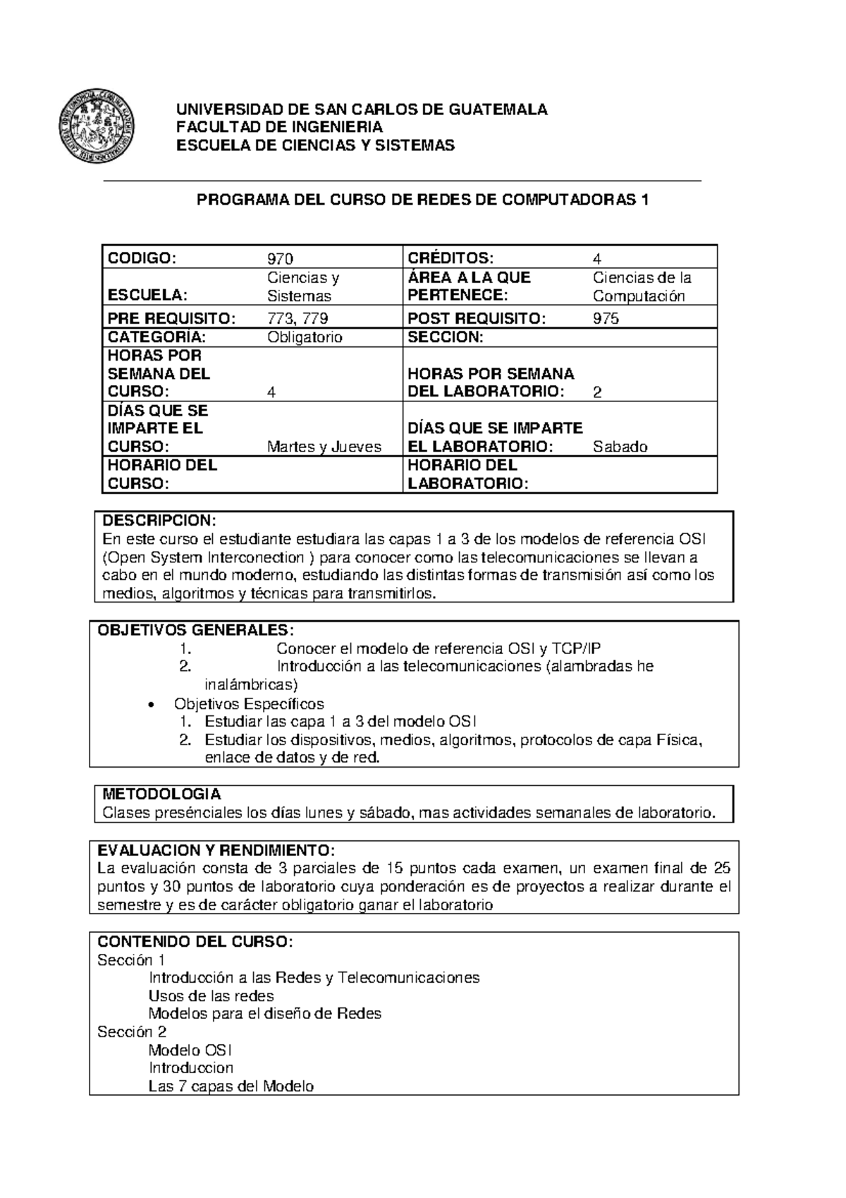 Curso 970: Redes de Computadoras 1 - Contenido y Evaluación - Studocu