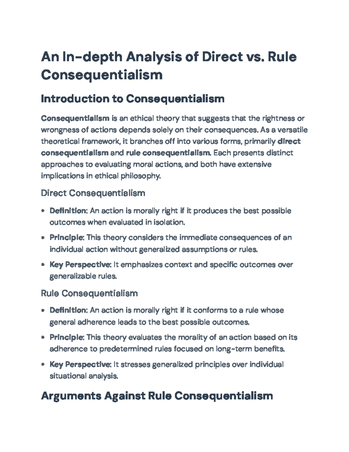Analysis of Direct vs. Rule Consequentialism in Ethical Theory - An In ...