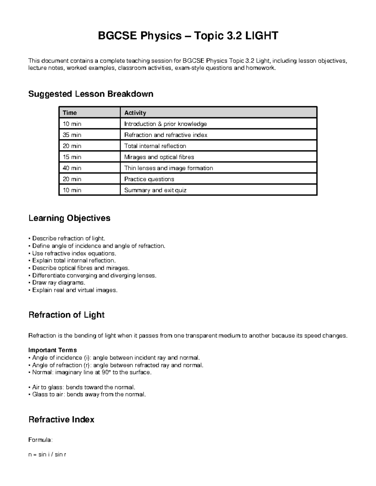 BGCSE Physics Topic 3.2: Comprehensive Light Lesson Plan - Studocu
