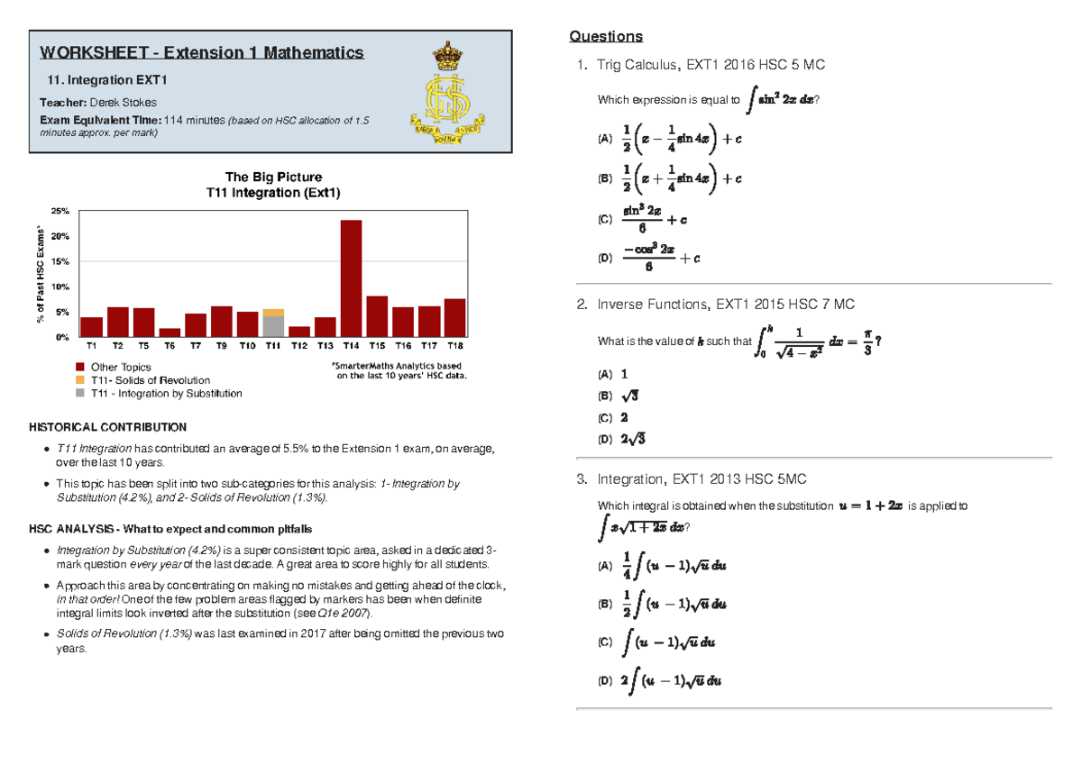 X1 HSC Integration Worksheet for Extension 1 Mathematics (2019) - Studocu