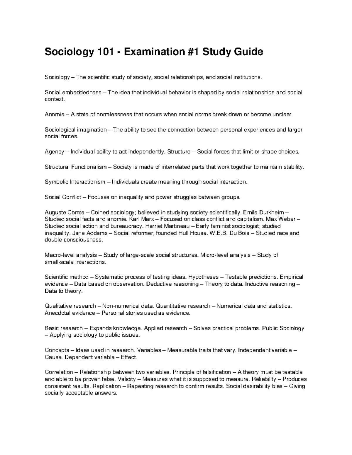 Sociology 101 - Examination #1 Study Guide - Studocu