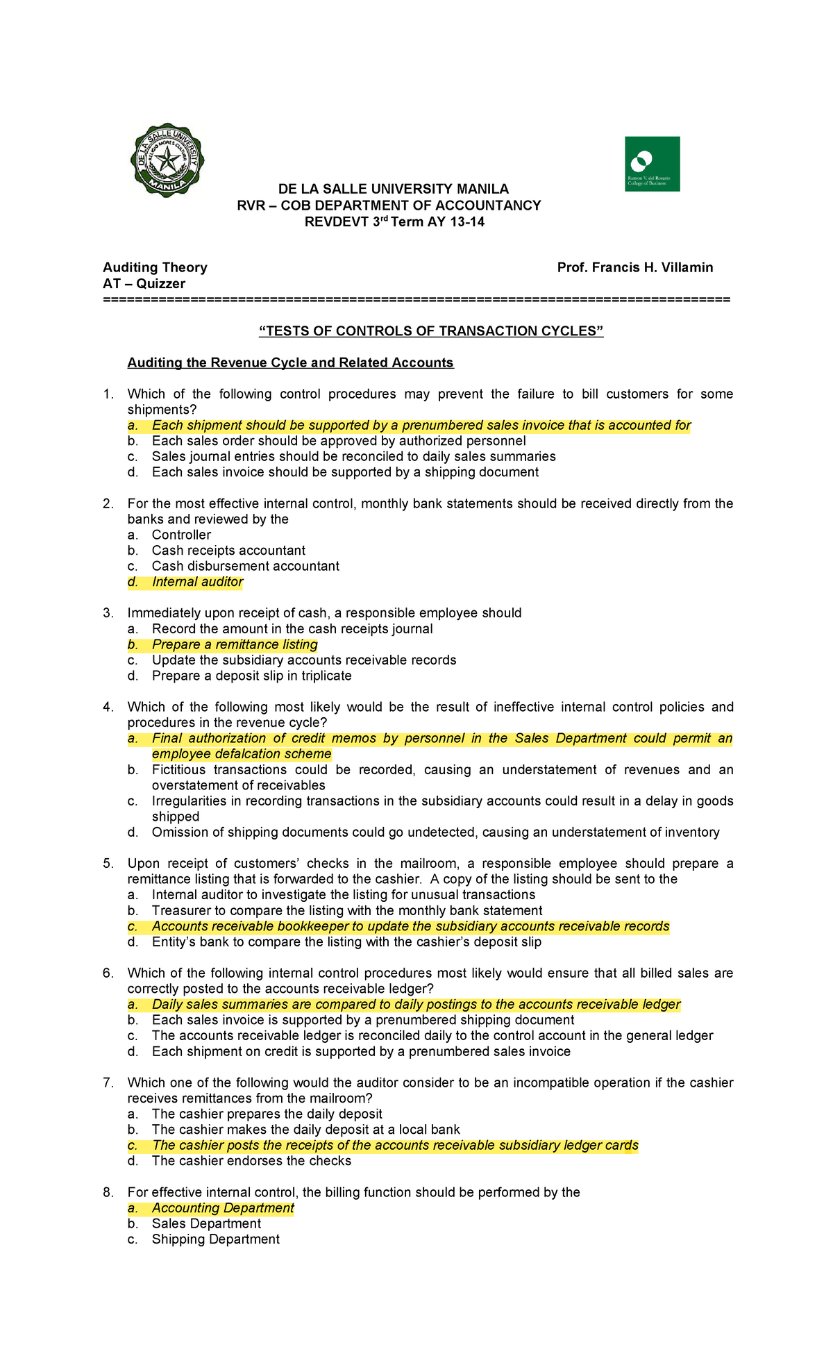 Transaction cycle-test of controls - BS Accountancy - BatStateU - Studocu