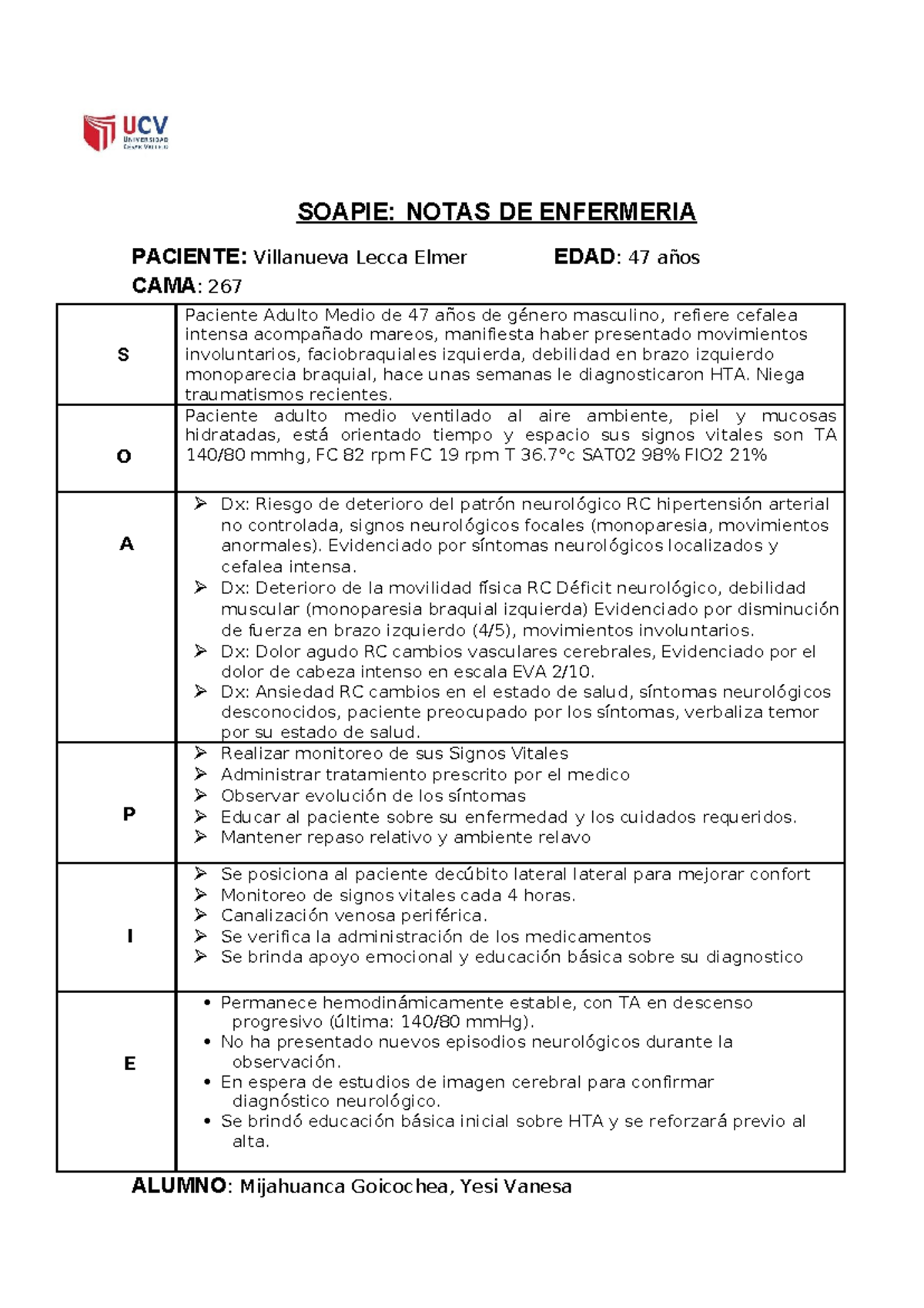 SOAPIE: NOTAS DE ENFERMERÍA PACIENTE ADULTO - CAMA 267 Y 265 - Studocu