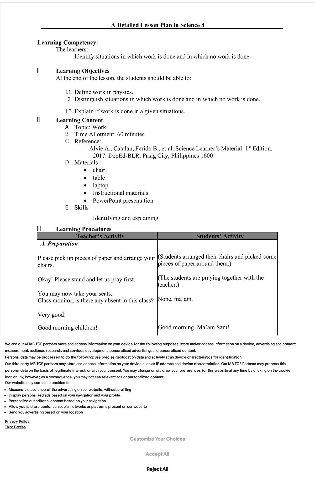 Science 8 Lesson Plan: Understanding Work and Its Applications - Studocu