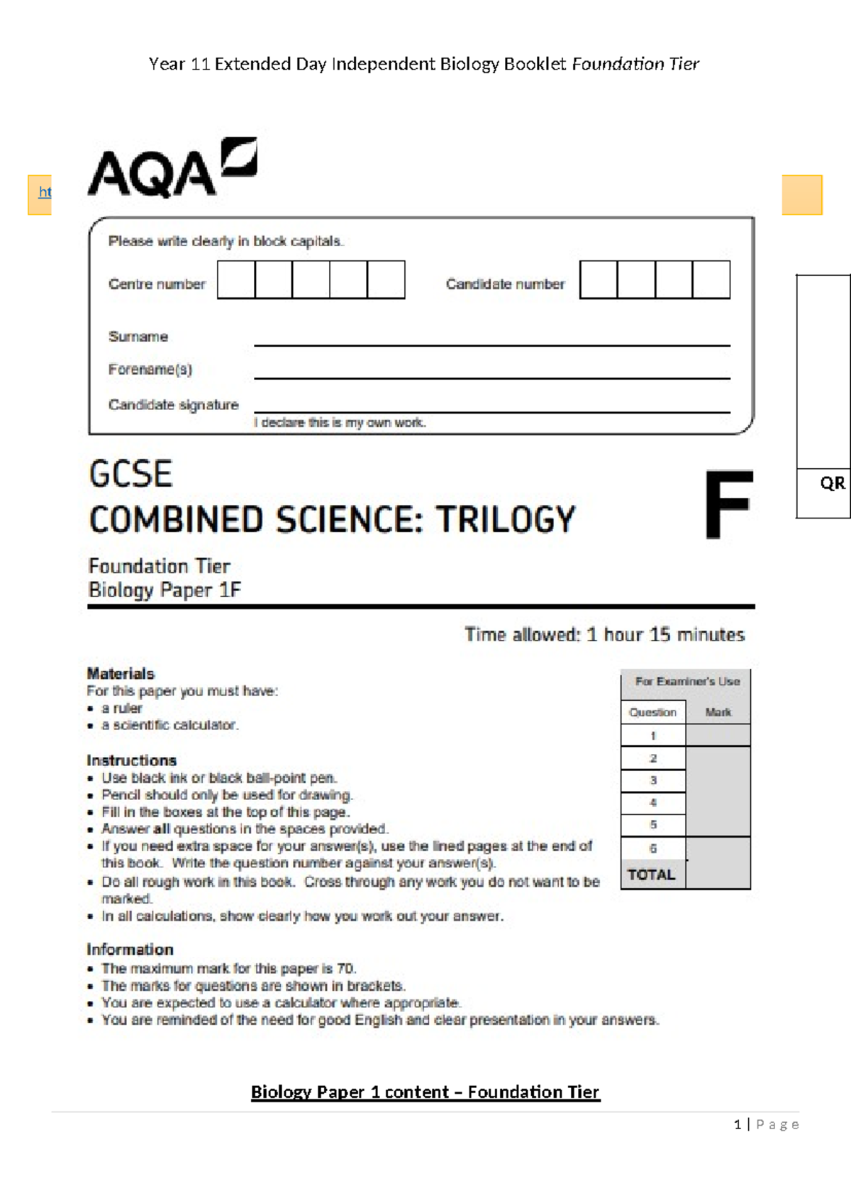 Year 11 Biology FT Extended Day Independent Work Booklet - Studocu