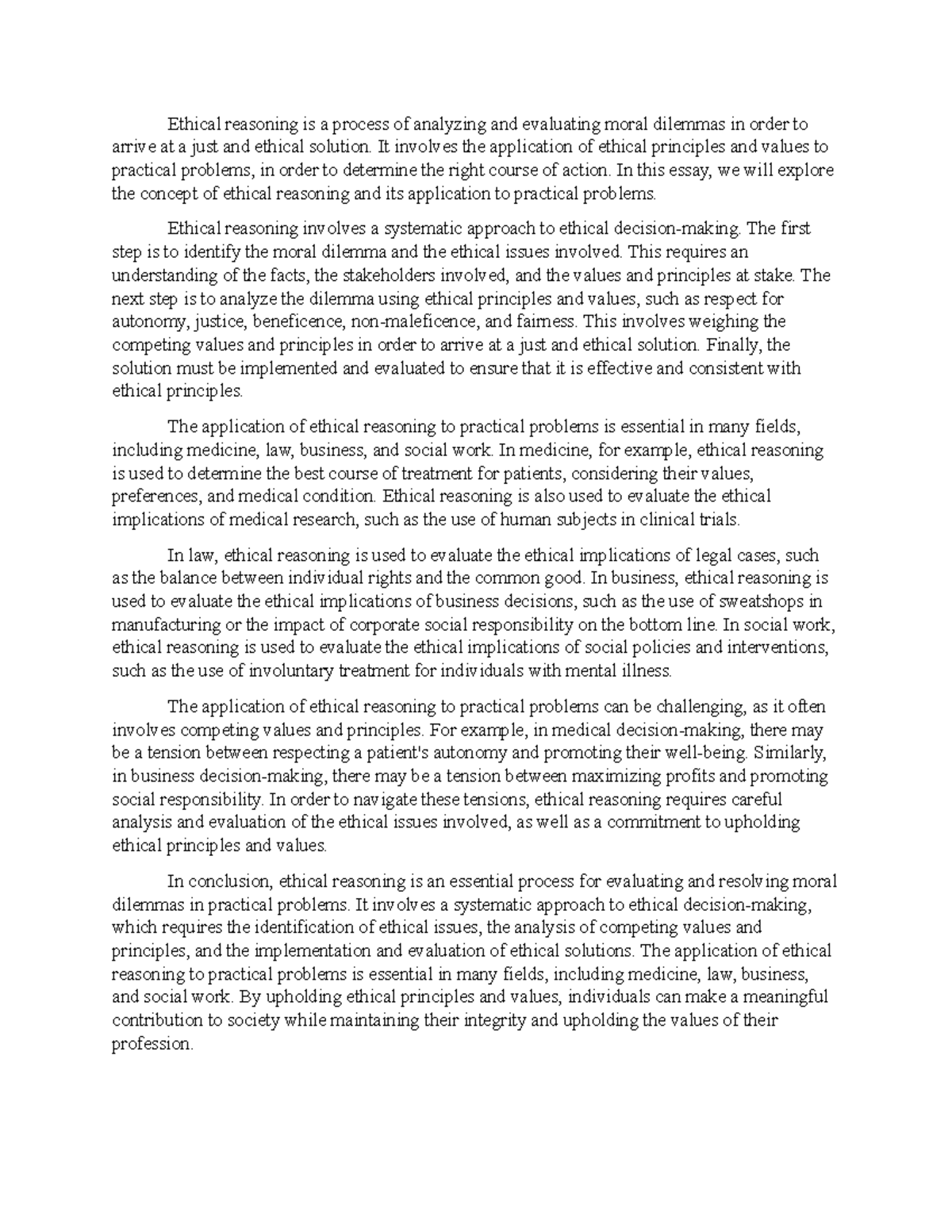 Ethical Reasoning Essay: Principles and Applications in Practice - Studocu