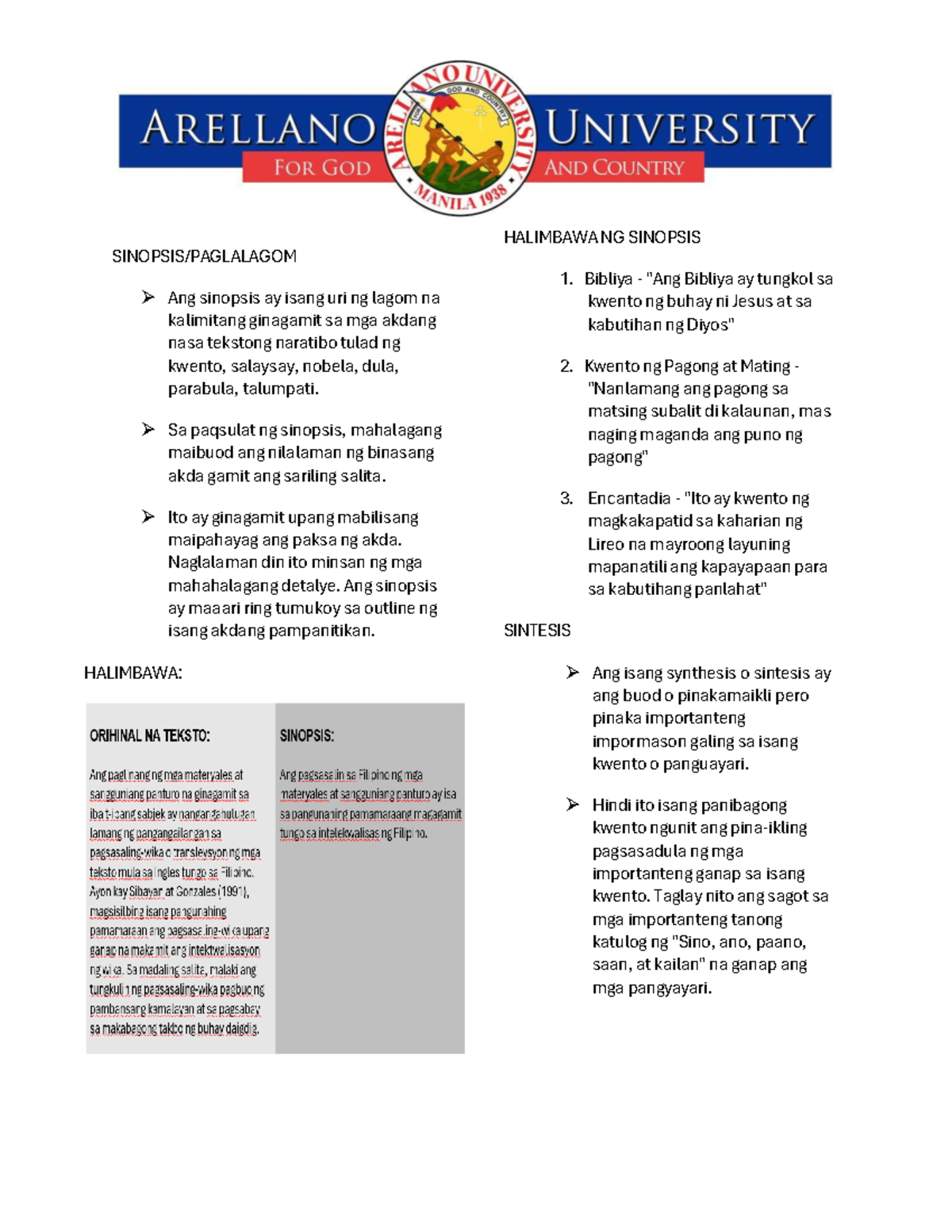 Sinopsis at Sintesis Handout para sa HE BA3 - Studocu