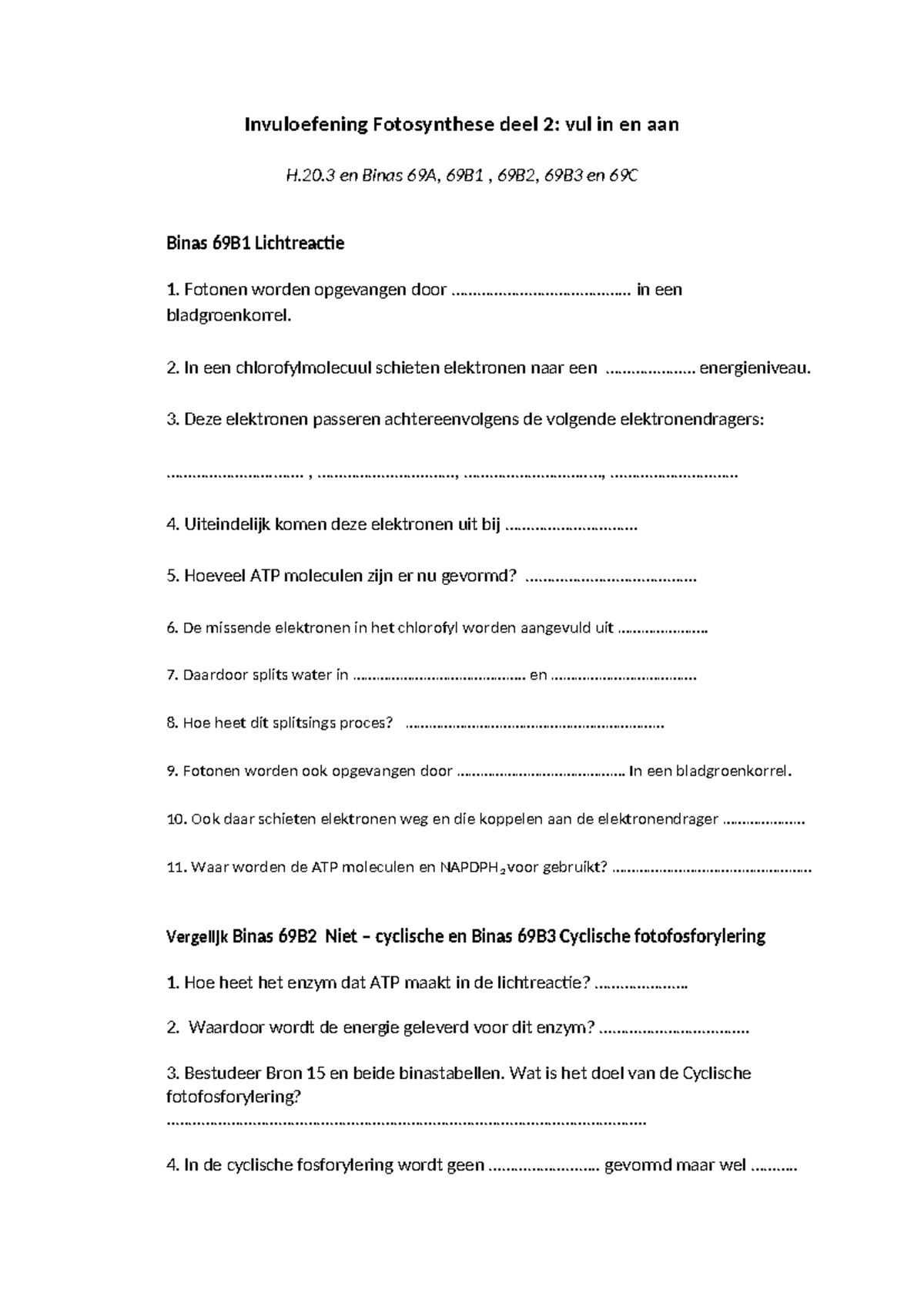 Invuloefening Fotosynthese Deel 2 - H.20.3 & Binas 69A-C - Studeersnel
