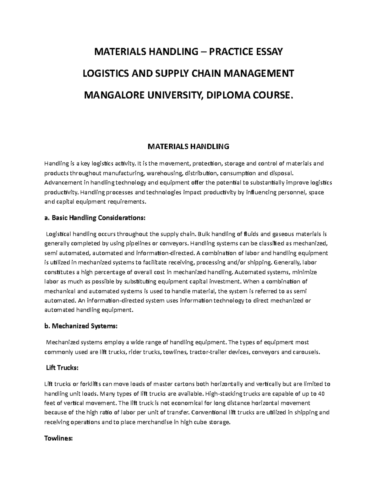 Materials Handling Essay Notes (SCM) - Mangalore University - Studocu