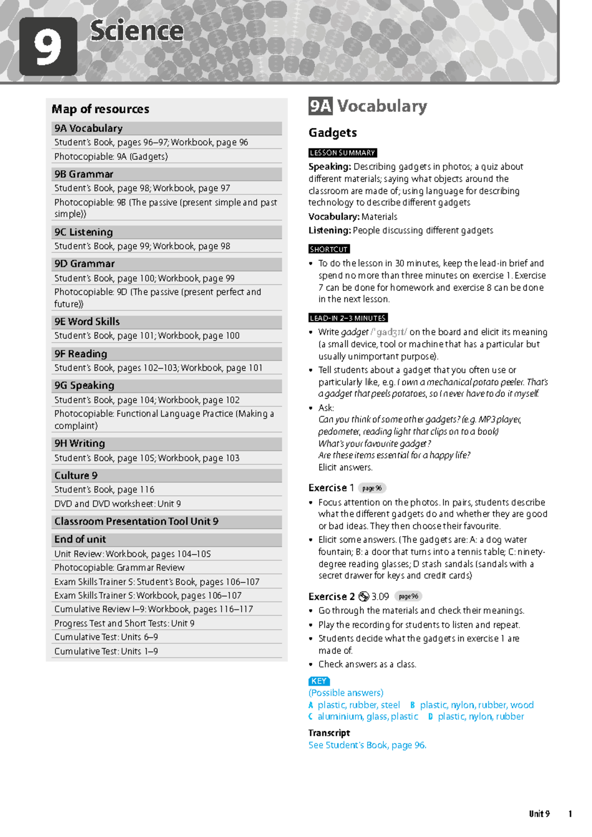 Unit 9 - English book - 9 Science Map of resources 9A Vocabulary ...