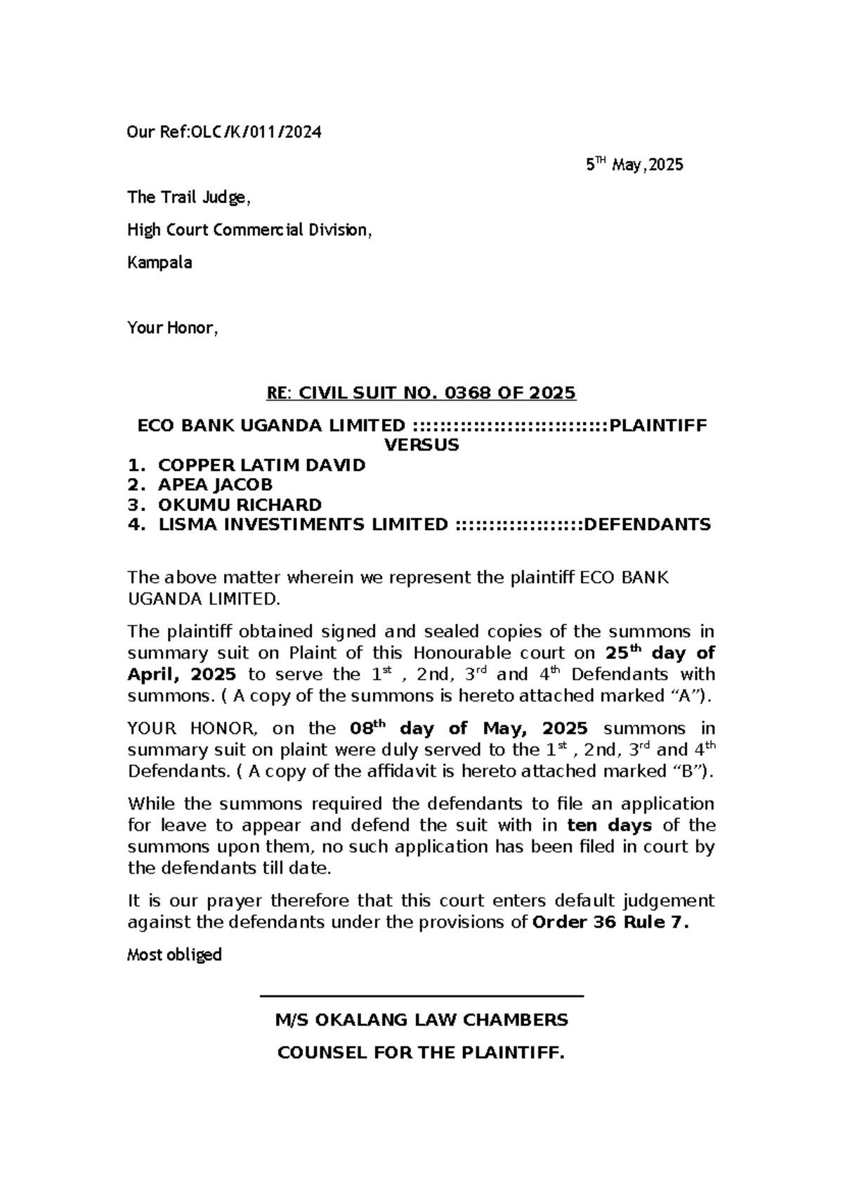 Application for Default Judgment in Civil Suit No. 0368 of 2025 - Studocu
