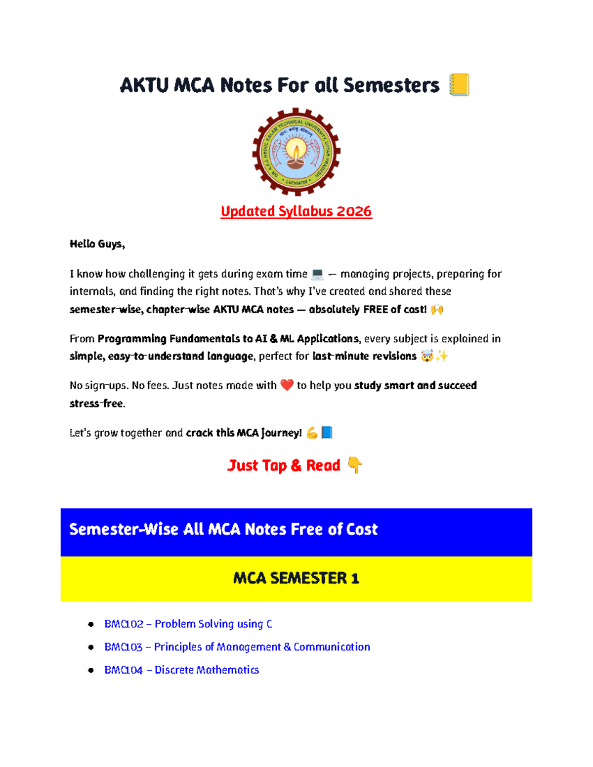 AKTU MCA Notes: Comprehensive Guide for All Semesters - Studocu